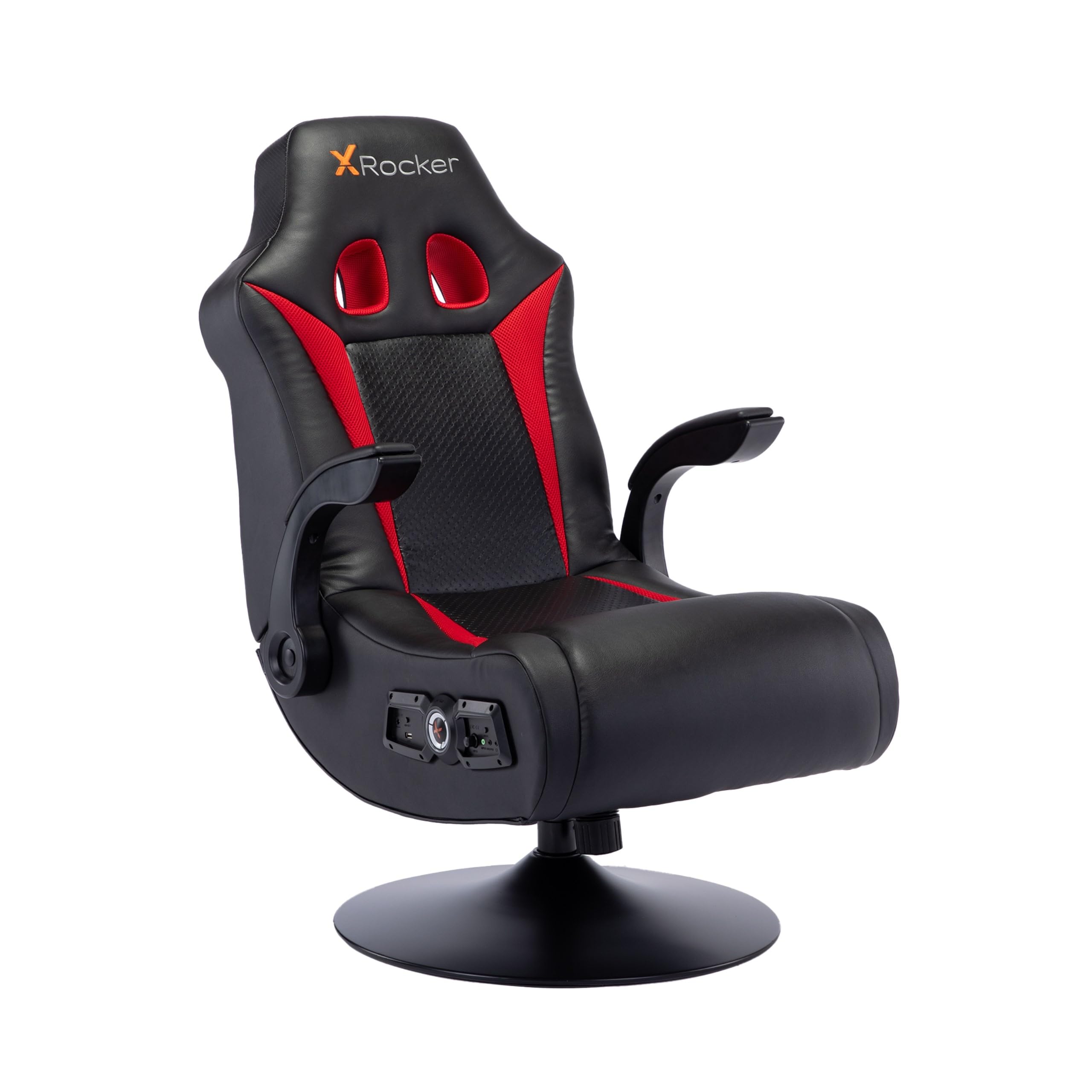 X Rocker Vibe 2.1 Bluetooth Pedestal Gaming Chair, with Wireless Audio, 2 Speakers, Subwoofer, Foldable, Padded Armrest, 5125401, 24" x 42" x 33.2", Black and Red
