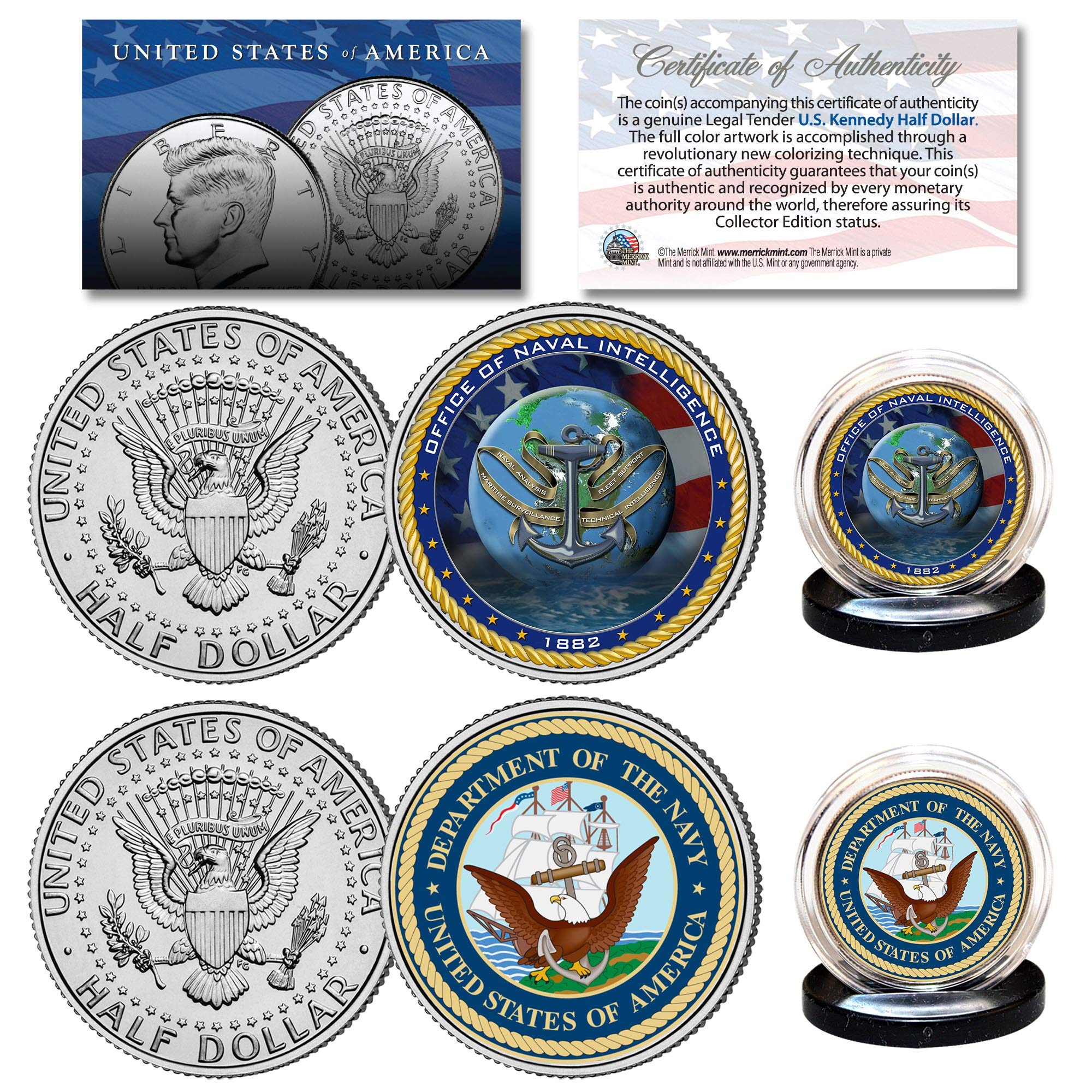 Navy & USN Intelligence Branch JFK Half Dollar Military 2-Coin U.S. Set