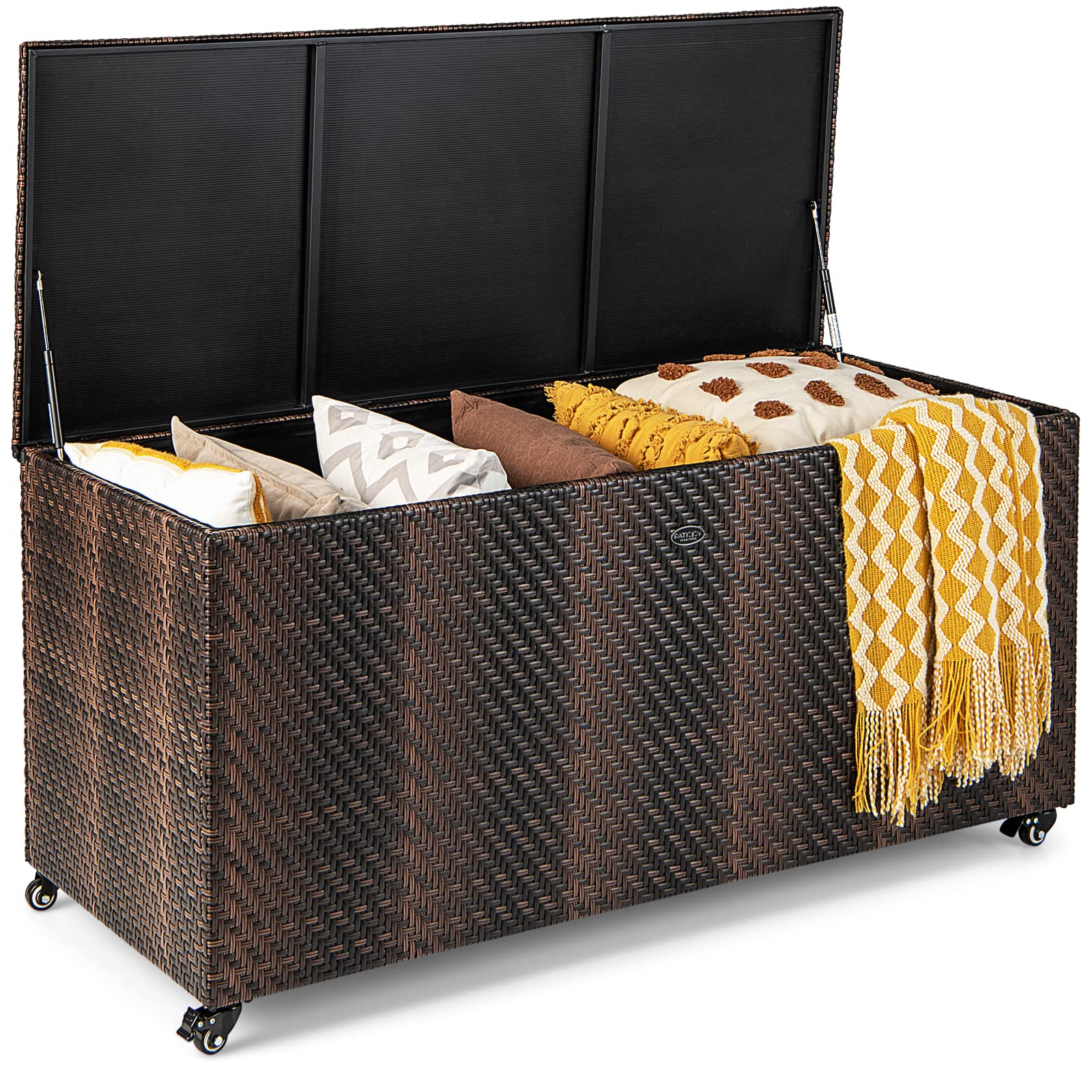 Tangkula 96 Gallon Deck Box, PE Wicker Outdoor Storage Box with 4 Wheels and Waterproof Liner, Outdoor Rectangular Storage Container for Cushions, Garden Tools, Pool Accessories (Mix Brown)