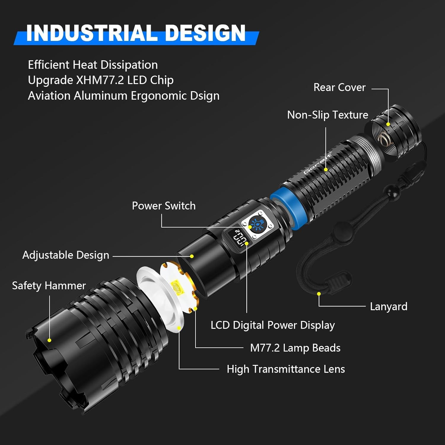 Goreit Flashlights LED High Lumens Rechargeable, 980,000 Lumens XHM77.2 Super Bright Flash Light USB, Handheld Flashlight High Powered,Powerful Flashlight Waterproof for Emergency Camping