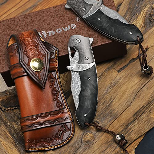 Minowe Handmade Damascus Steel Folding Knife with leather case,3.8in VG10 steel core blade,Steel ball bearings+Carbon Fiber handle,Tactical pocket knife Hiking carry EDC Knife