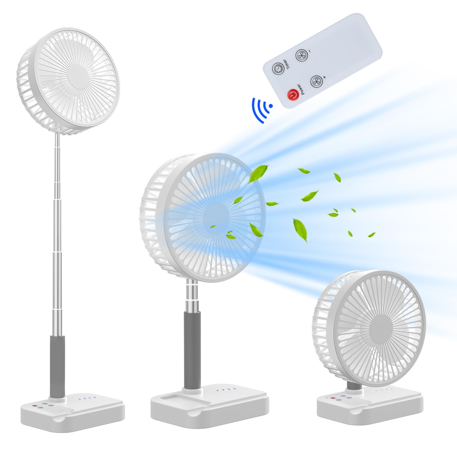 Portable fan rechar geable USB Standing Fan Foldable Desk Fan Wireless Use Rechargeable Battery Remote Control 4 Speed Quiet Timertelescopic Fan for office Home Kitchen Outdoor Camping (white)