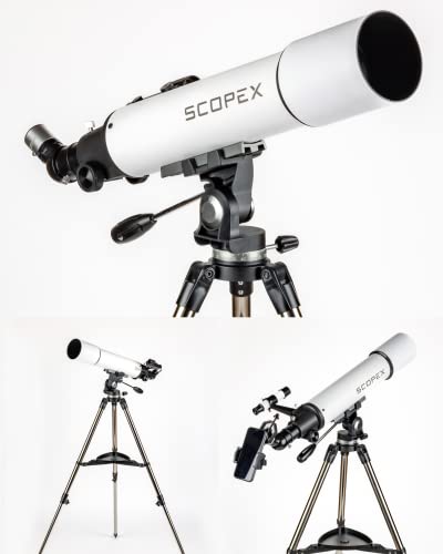 SCOPEX Telescope 90mm Aperture, Telescopes for Adults Astronomy Professional, AZ Astronomical Refractor, Telescope for Kids 8-12 Plus, Phone Adapter, Two Finderscopes, Bluetooth Remote, Case. White