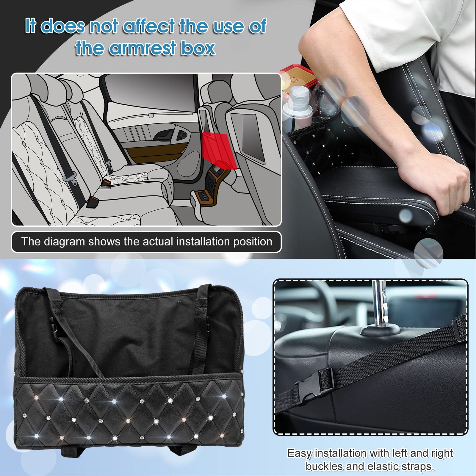 ElekTonny Bling Car Pocket Handbag Holder Between Seats,Front Seat Pet Barrier Net for Backseat Storage Car Interior Accessories for Women Black CO202304