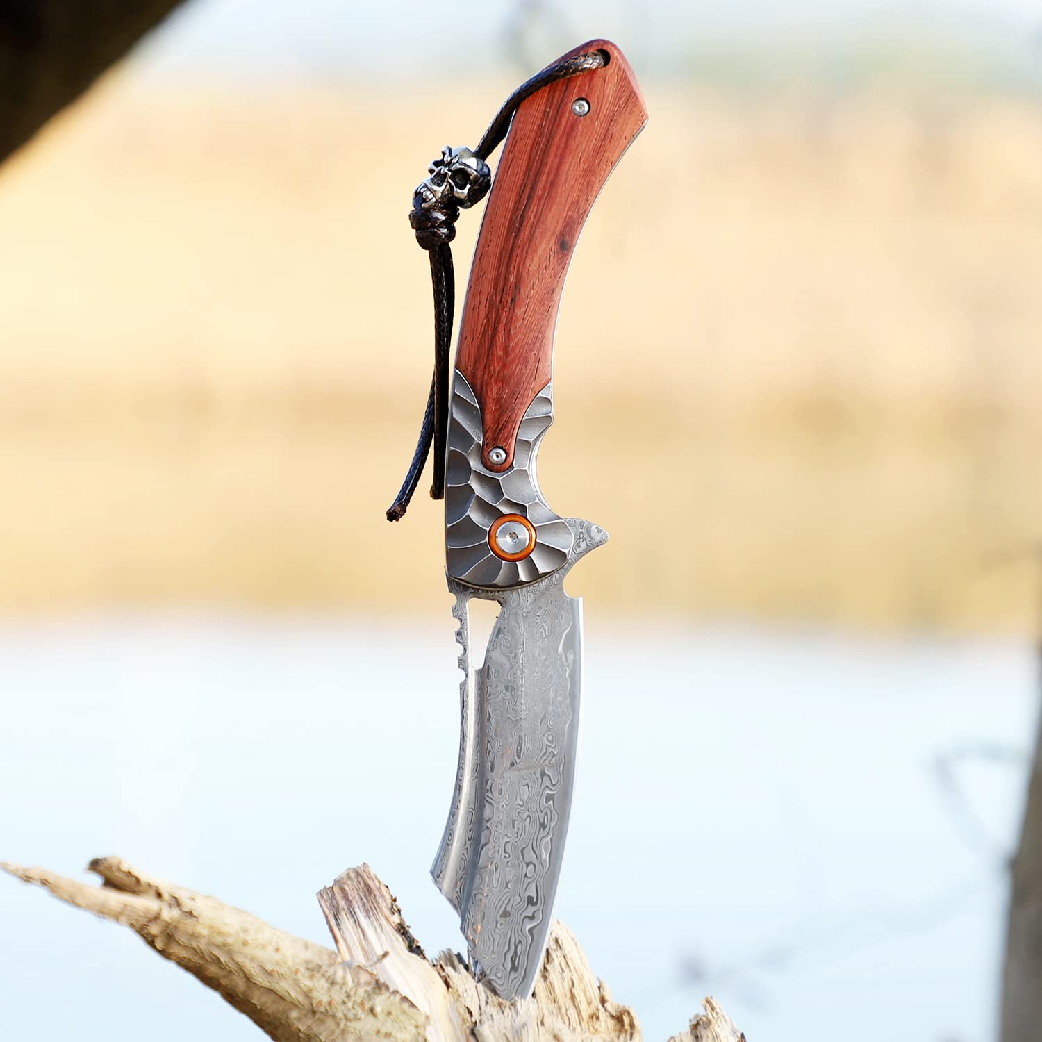 Minowe men's pocket knife Damascus Steel Handmade Folding Knife,3.5 in blade rosewood handle,with leather case ,Liner Lock Steel ball bearings,pocket clip ,EDC Camping Outdoor Survival Knife