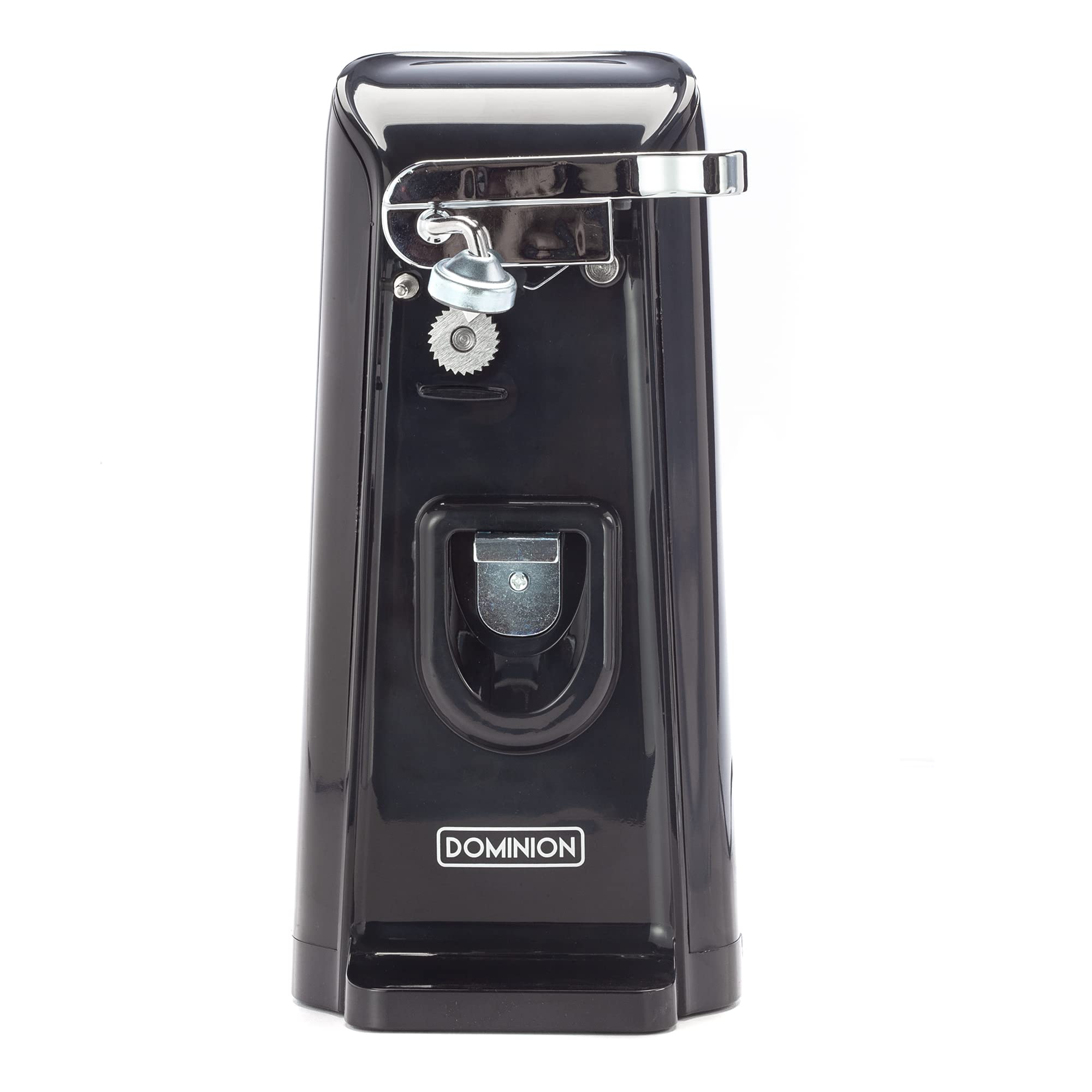 Dominion Tall Electric Can Opener, Easy Push Down Lever, Knife Sharpener, Bottle Opener & Built-In Cord Storage, Opens All Standard-Size and Pop-Top Cans, Easy to Clean, Black