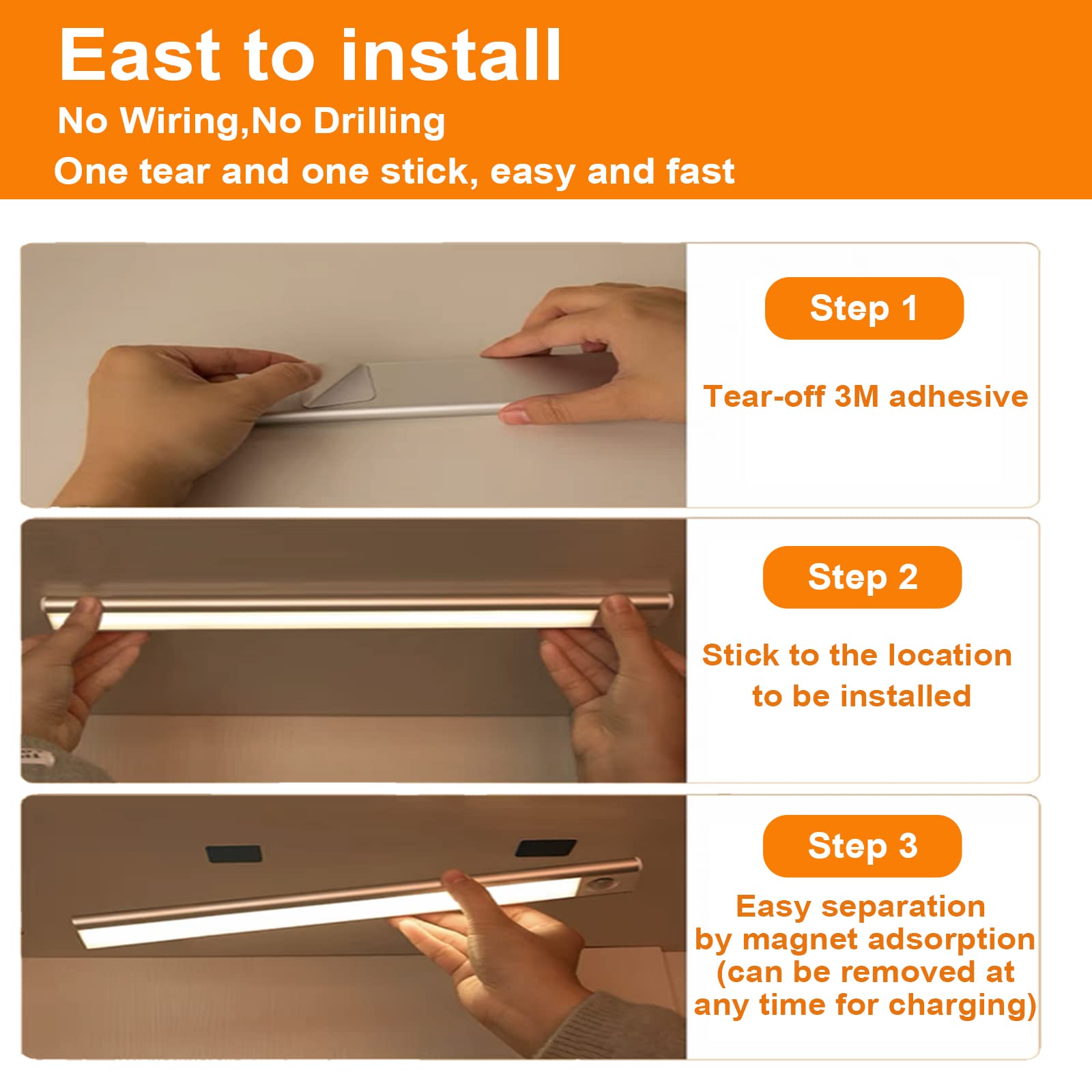 Holen Darrel Under Cabinet Lights Motion Sensor Light Wireless Battery Powered LED Counter Closet Lighting, USB Rechargeable Night Light for Kitchen Hallway Stairway Wardrobe Vanity 2 Pack 11.8 inch