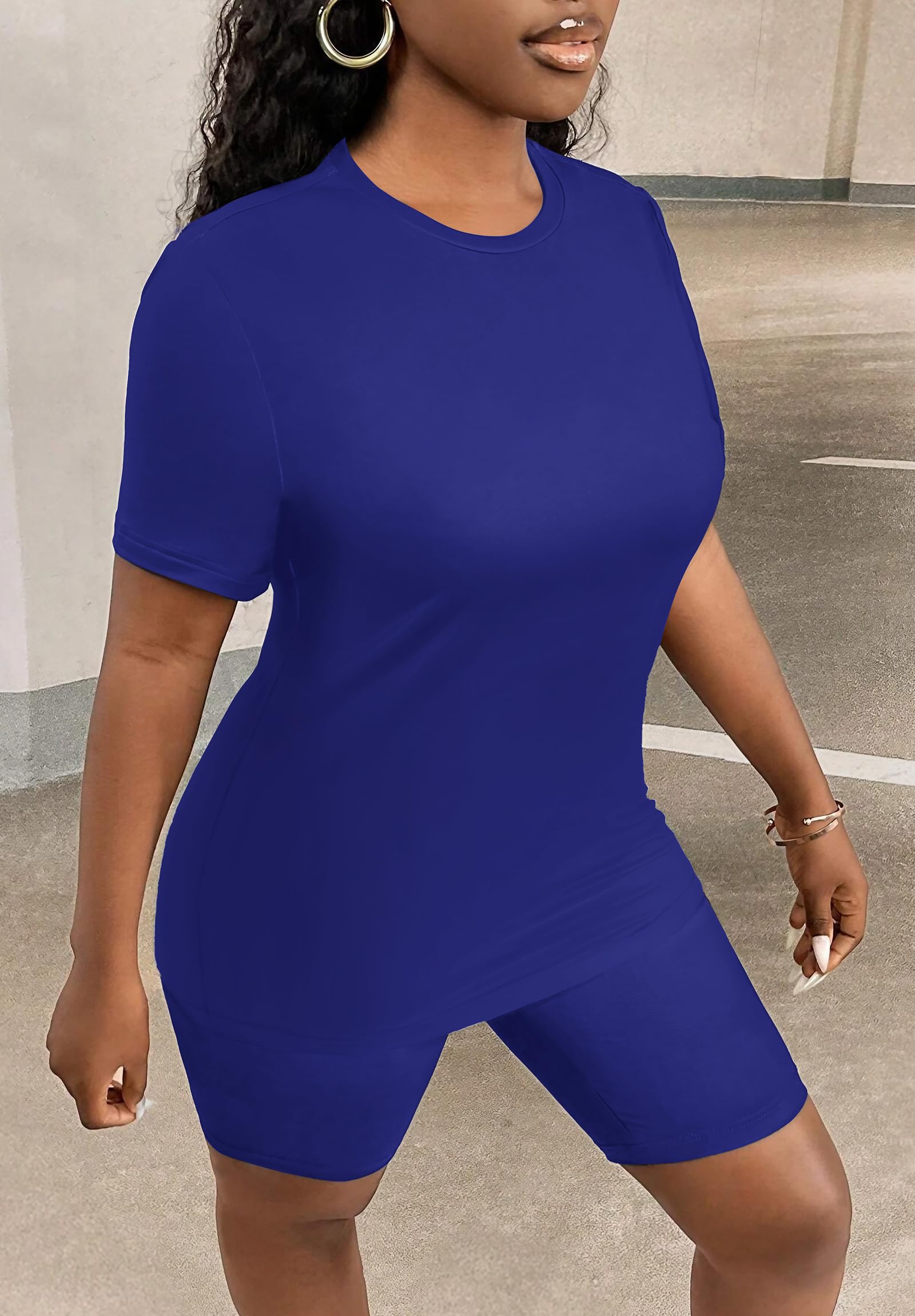 FANDEE Women's two piece outfit Bodycon Short Set T Shirt Plus Size Tracksuit Blue 3X-Large