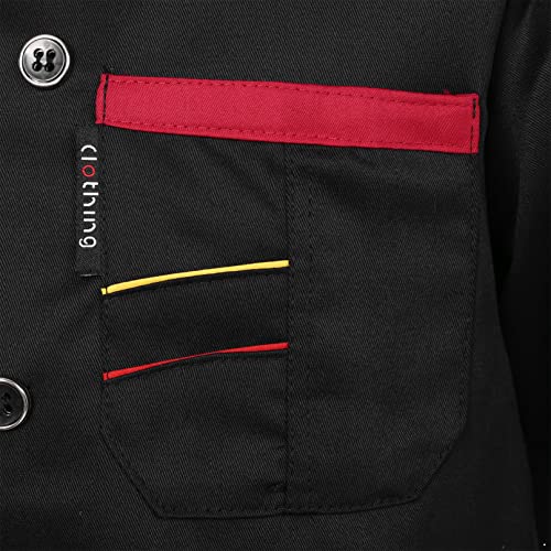 iiniim Unisex Chef Coat Women Men Short&Long Sleeve Chef Jacket Double-Breasted Kitchen Cooking Chef Uniform Black Red Cuffs Medium