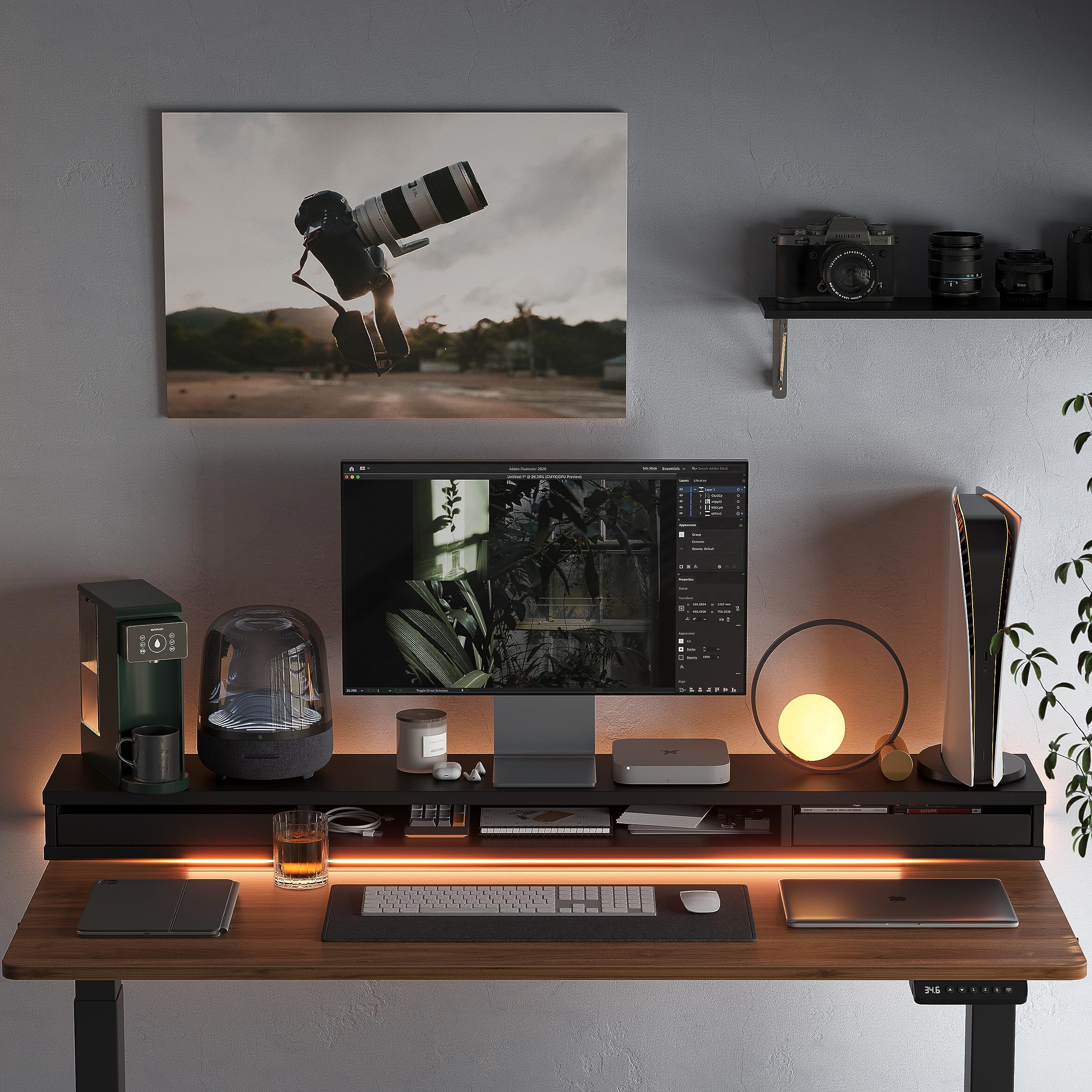 FEZIBO Height Adjustable Electric Standing Desk with Keyboard Tray, 55 x 24 Inch Stand Up Table with Storage Shelf, Sit Stand Desk, Rustic Top