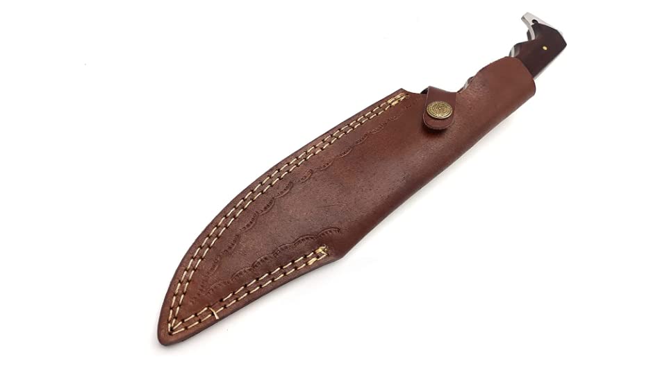 Handmade Damascus steel Hunting Knife with sheath,Fixed blade Bowie knife for Survival, Ergonomic Walnut wood handle | 12-inch Handmade Damascus Horizontal carry knife for men
