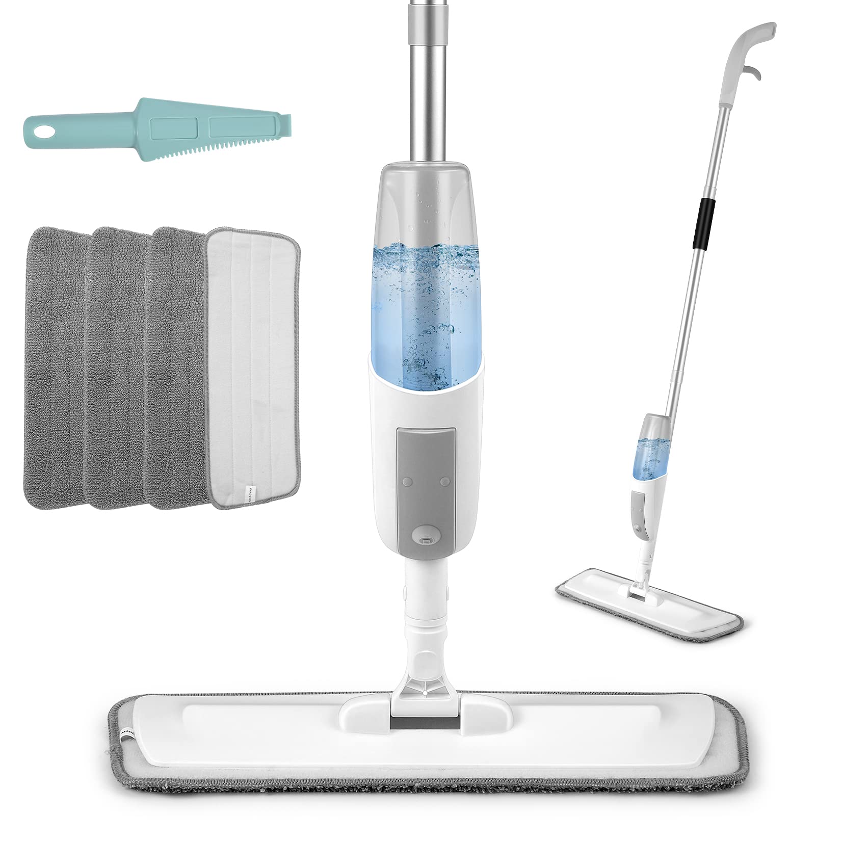 Fashionwu Spray Mop, Spinner Microfiber Floor Mop with 4 Washable Mop Pads, Refillable Spray Bottle and 1 Scraper, Flat Mop for Home Kitchen Hardwood Laminated Wood Ceramic Floor Cleaning, White