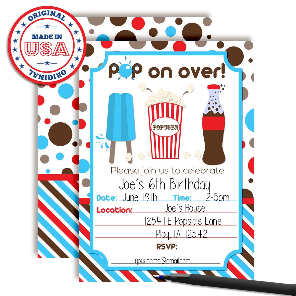 Pop On Over Soda and Popcorn Birthday Party Invitations, 20 5x7 Fill In Cards with Twenty White Envelopes by AmandaCreation