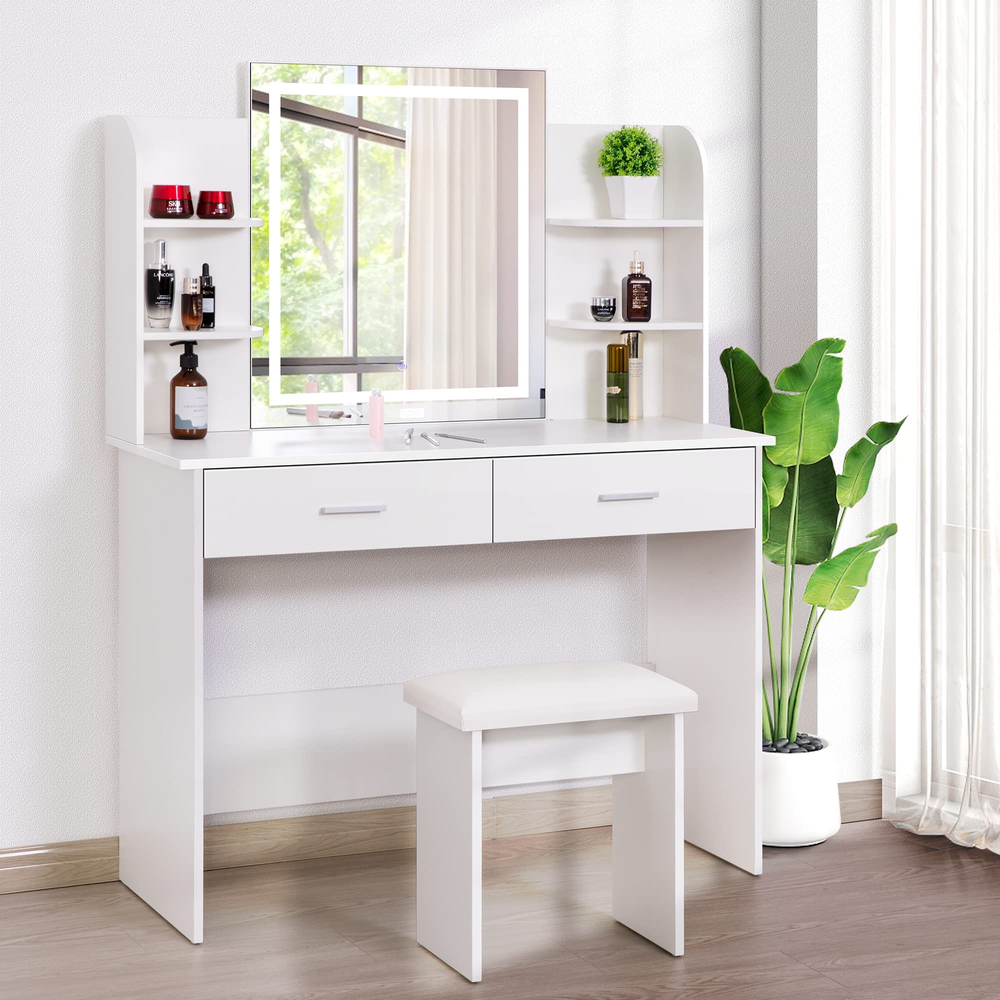 VIVOHOME Makeup Vanity Set with 10 Dimmable LED Bulbs, Dressing Table with 360° Rotating Lighted Mirror and Cushioned Stool, Black