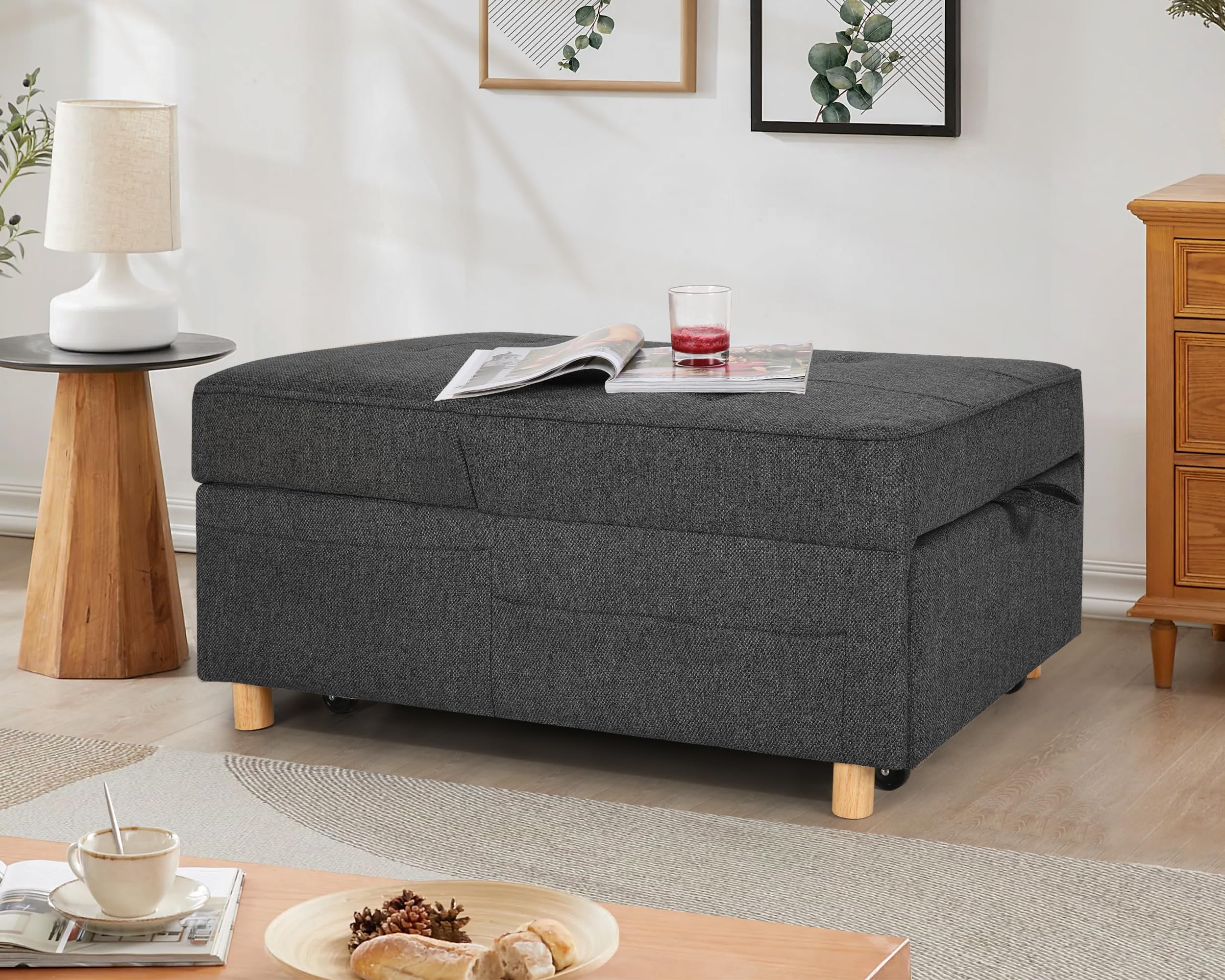 SEJOV Sleeper Sofa Chair Bed,4-in-1 Convertible Sofa Bed Chair with 6 Adjustable Backrest and Pillow, 3-Seat Pull Out Sleeper Chair Linen No Backrest for Bedroom Small Space Living Room, Grey Black