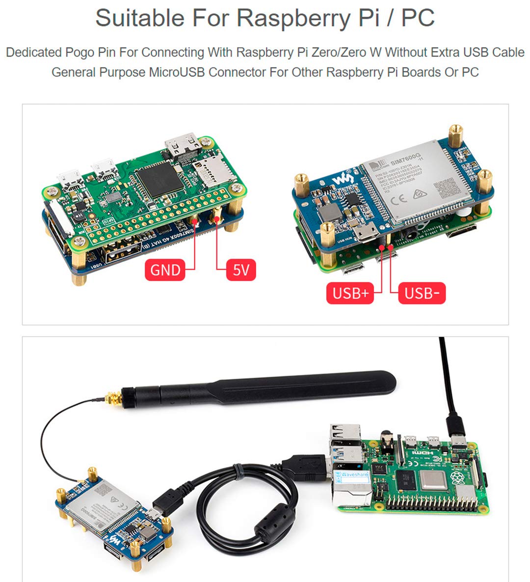 waveshare SIM7600G-H 4G HAT Board for Raspberry Pi4B/3B+/3B/2B/B+/A+/Zero/Zero WH and PC,Support LTE Cat-4 4G 3G 2G Communication and GNSS Positioning Global Band