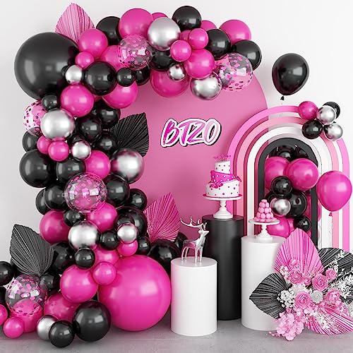 Pink Black Balloon Garland,BTZO Balloons Arch Kit With Metallic Silver Pink Confetti Balloons,Black and Pink Balloons for Birthday Wedding Baby Shower Engagement Party Decorations