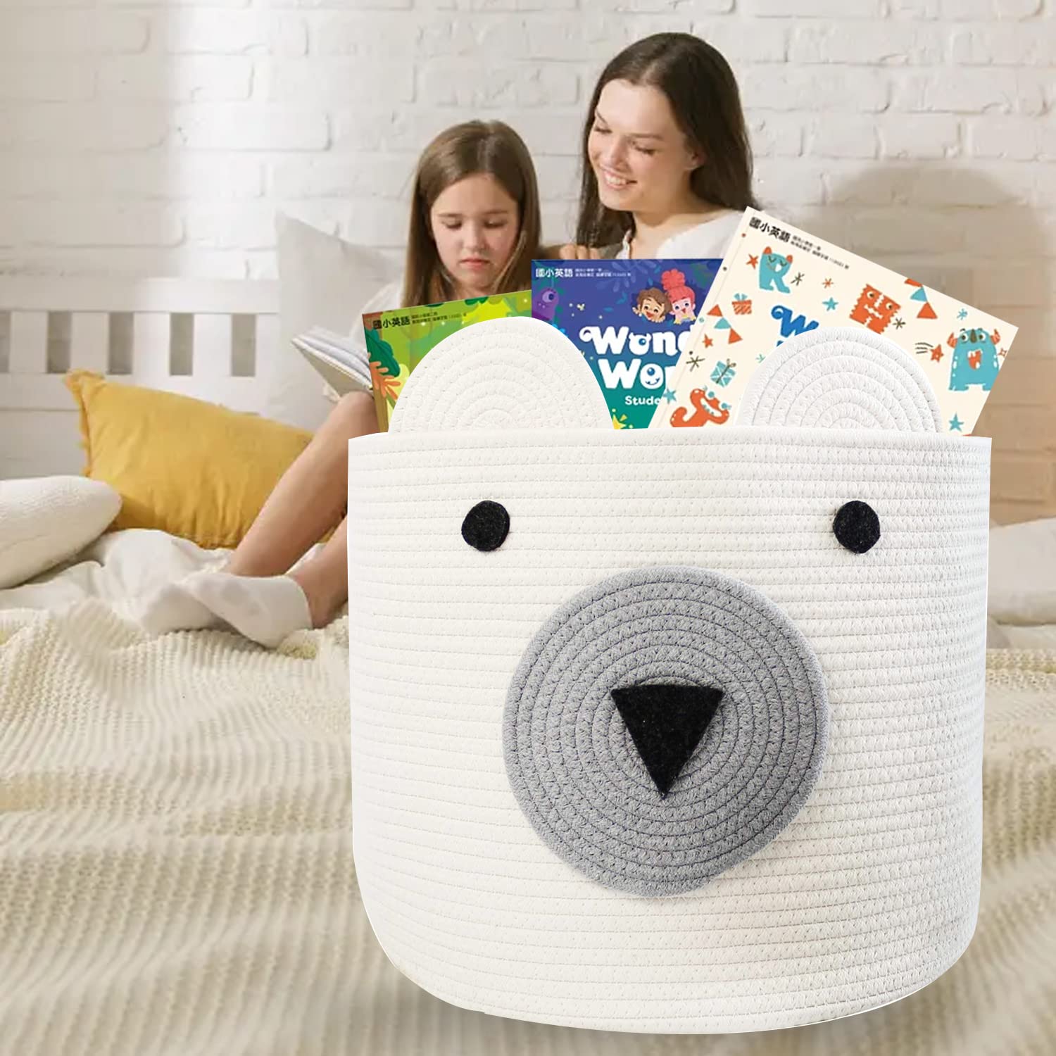 Homearda Cotton Rope Basket,Baby Hamper,Cute Bear Basket,Storage Basket ,Woven Laundry Hamper,Toy Storage Bin,Gifts β Pet or Baby Gift Baskets- White-12 x 10 - easy to reshape