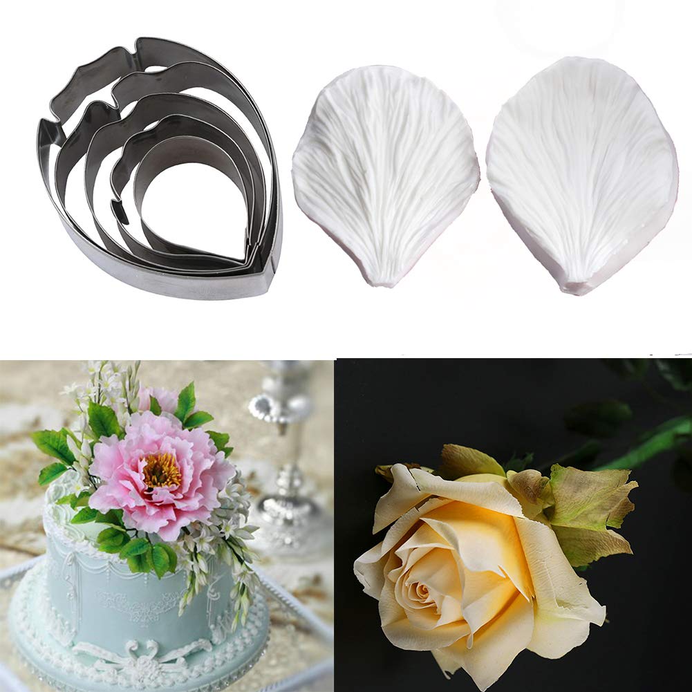KALAIEN 5pcs Stainless Steel Peony Cutter 2pcs Fondant Silicone Mold Gumpaste Peony Sugarcraft Flower Veining Mold Veiner Petal Making Tool