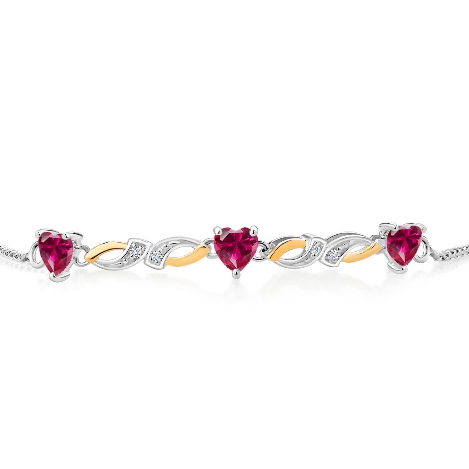 Gem Stone King 925 Sterling Silver and 10K Yellow Gold Red Created Ruby and White Lab Grown Diamond Heart Shape Tennis Bracelet For Women (1.83 Cttw, Fully Adjustable Up to 9 Inch)