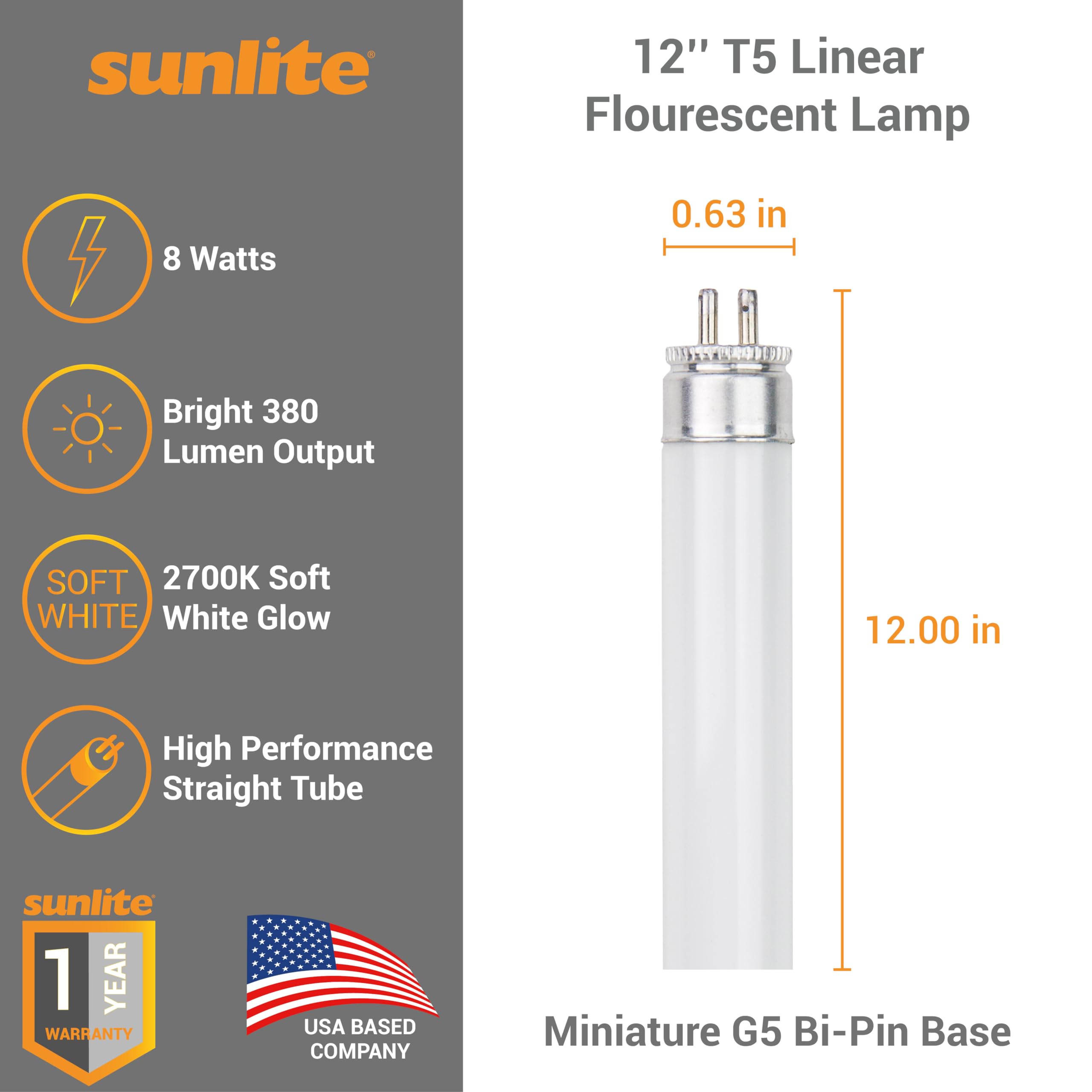 Sunlite 05065 F8T5/WW T5 Linear Fluorescent Lamp, 8 Watts, 380 Lumens, 2700K Soft White, Miniature G5 Bi-Pin Base, ROHS Compliant, High Performance Straight Tube, 10 Pack