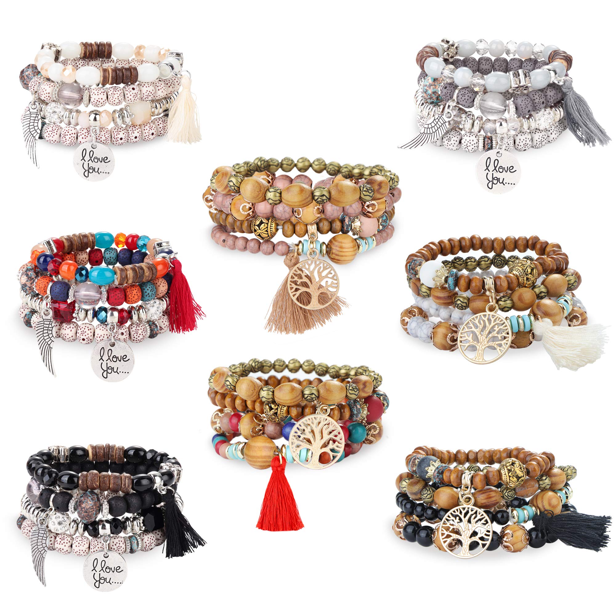 FIBO STEEL 8 Sets Bohemian Stackable Beads Bracelets for Women Boho Multilayer Stretch Wood Beads Bracelet Set Statement Charm Tassel Bangles