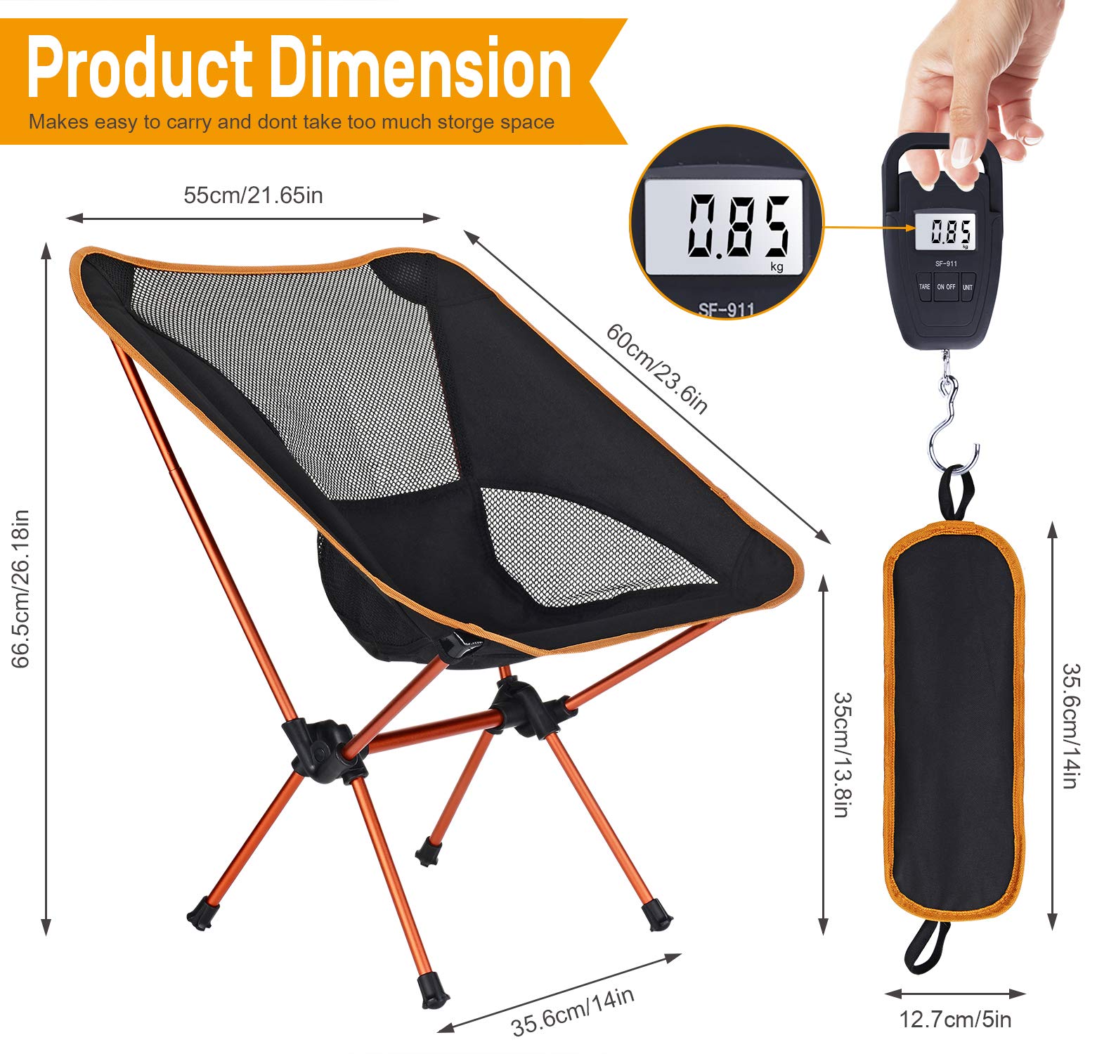 Esup Camping Chair, Ultralight Portable Compact Folding Beach Chairs with Carry Bag for Outdoor Camping, Backpacking, Hiking (Orange 1 Pack)