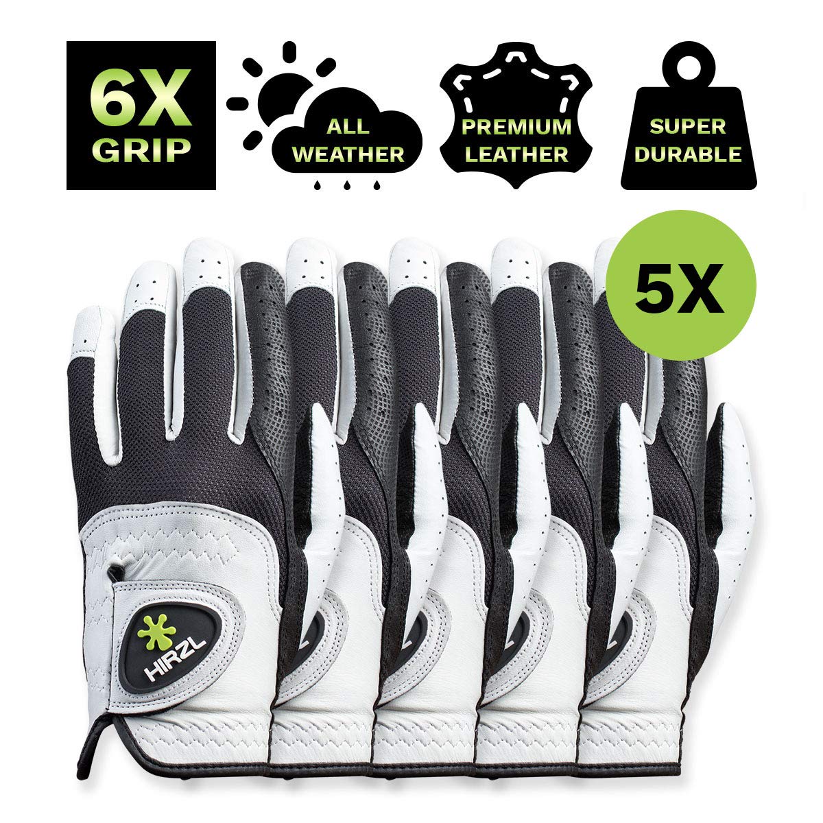 HIRZL Trust Control 2.0 – Men's All-Weather Golf Glove (White/Black) | Kangaroo Leather Palm | Cabretta Leather Backhand - Trusted by Pro’s, Medium, Worn Left Hand (Pack of 5)