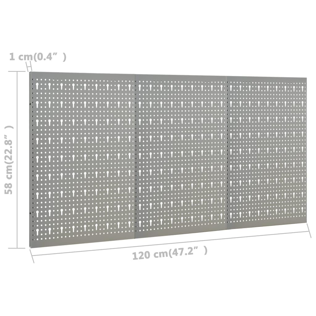 vidaXL Solid Steel Wall-mounted Peg Boards Set of 3 - Durable Workshop and Garage Tool Organizer with Perforated Panel Design, 47.2"x22.8"