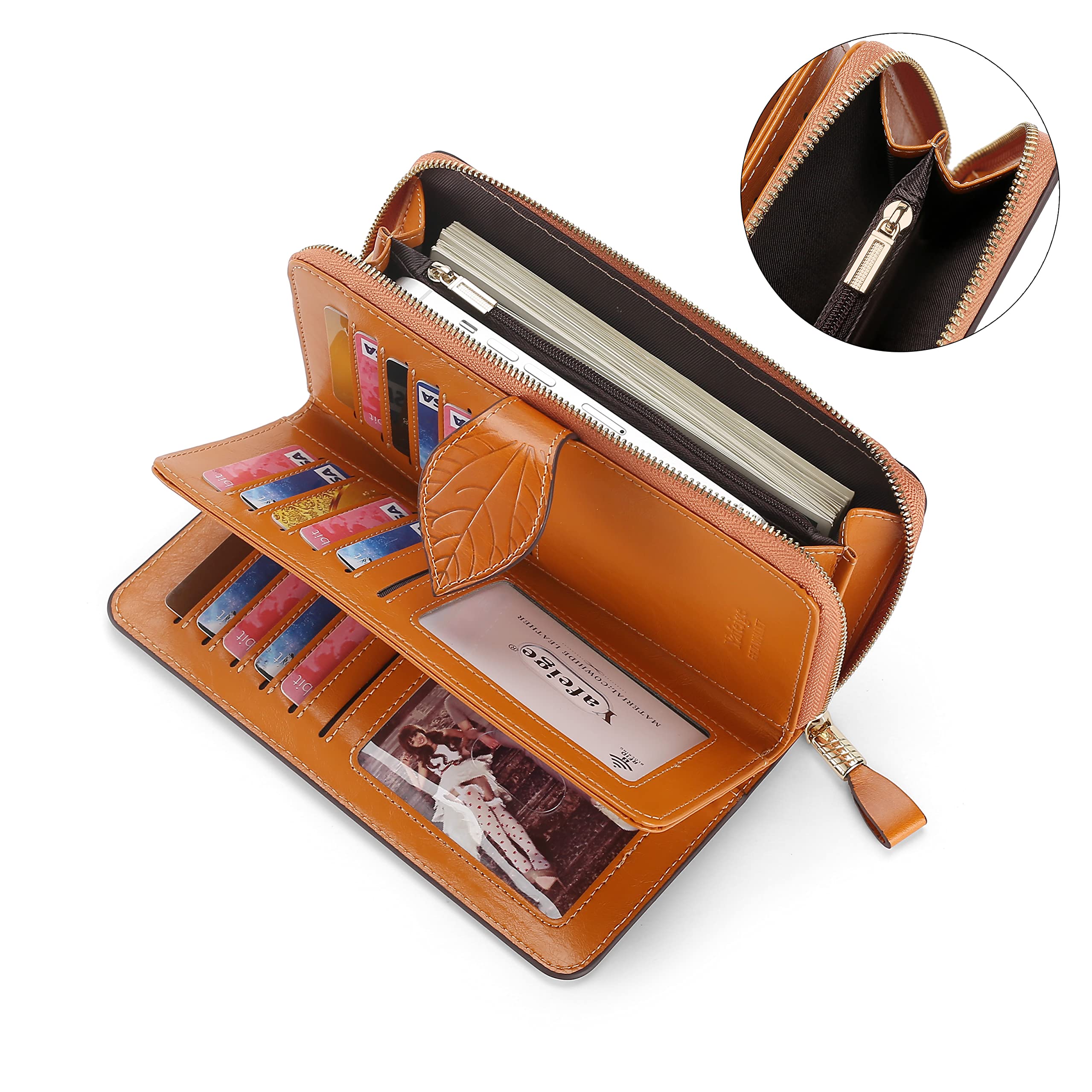 Yafeige Large Luxury Women's RFID Blocking Tri-fold Leather Wallet Zipper Ladies Clutch Purse(1-Waxed Brown)