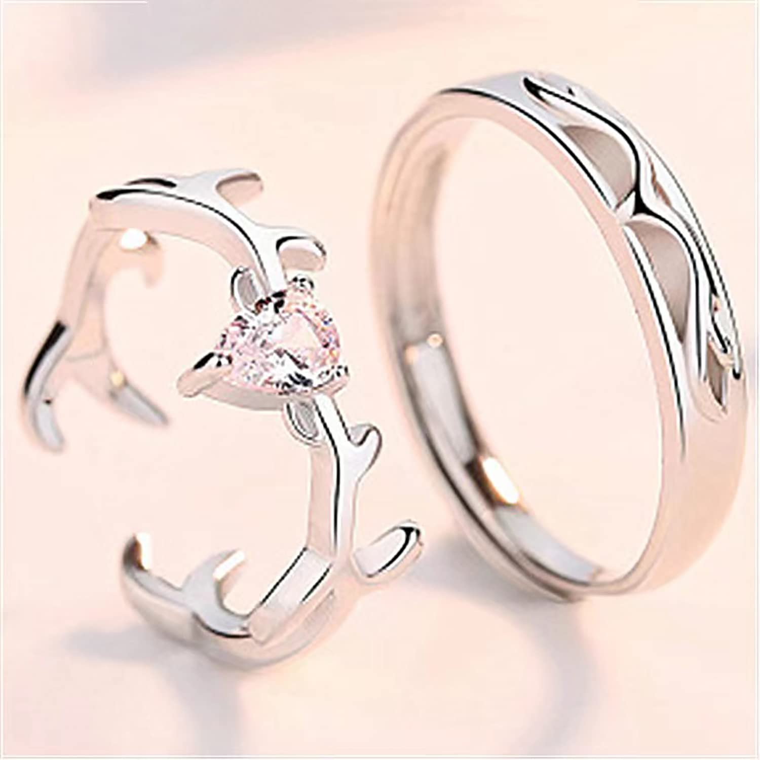 His Hers Couples Matching Rings Set Cute Silver Deer Antler Ring Dainty Cubic Zirconia Adjustable Matching Deer Antler Wedding Rings Endless Love Promise Ring Christmas Valentine's Day Gift for