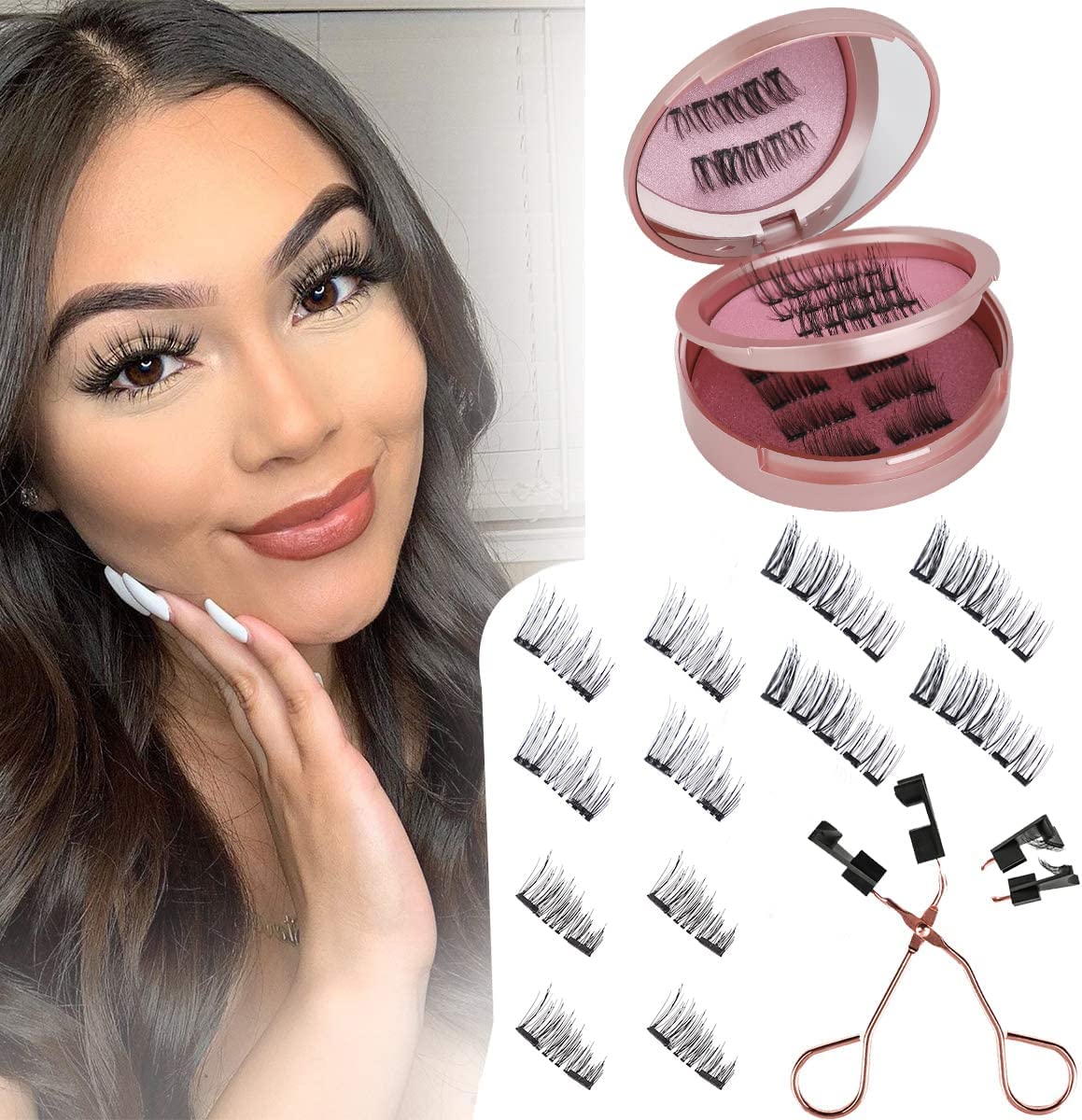 Gemonad Magnetic Eyelashes without Eyeliner, Reusable Dual Magnetic lashes, Looking Natural No Glue 3D False Eyelashes Kit with Applicator, Fake Lashes Extension, Easy to Wear