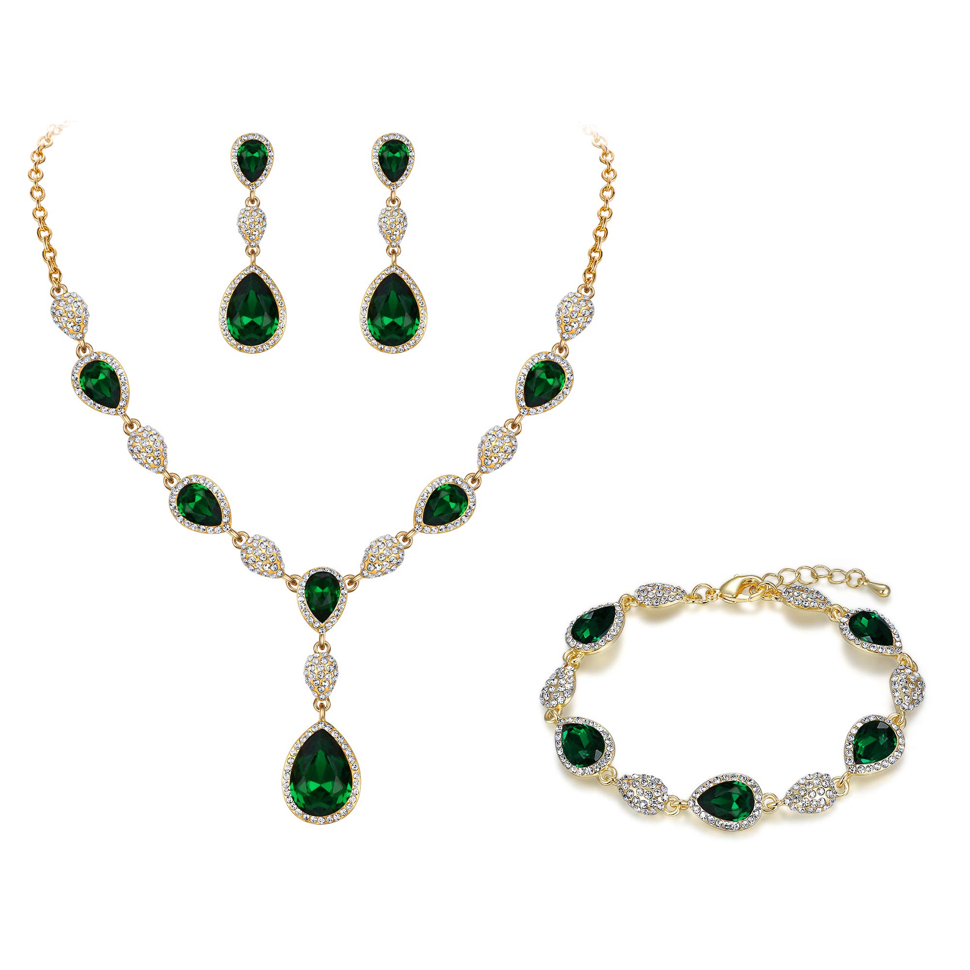 EleQueen Women's Wedding Bridal Jewelry Sets for Brides Bridesmaids, Cubic Zirconia Teardrop Necklace Tennis Bracelet Dangle Earrings Jewellery Set Emerald Color