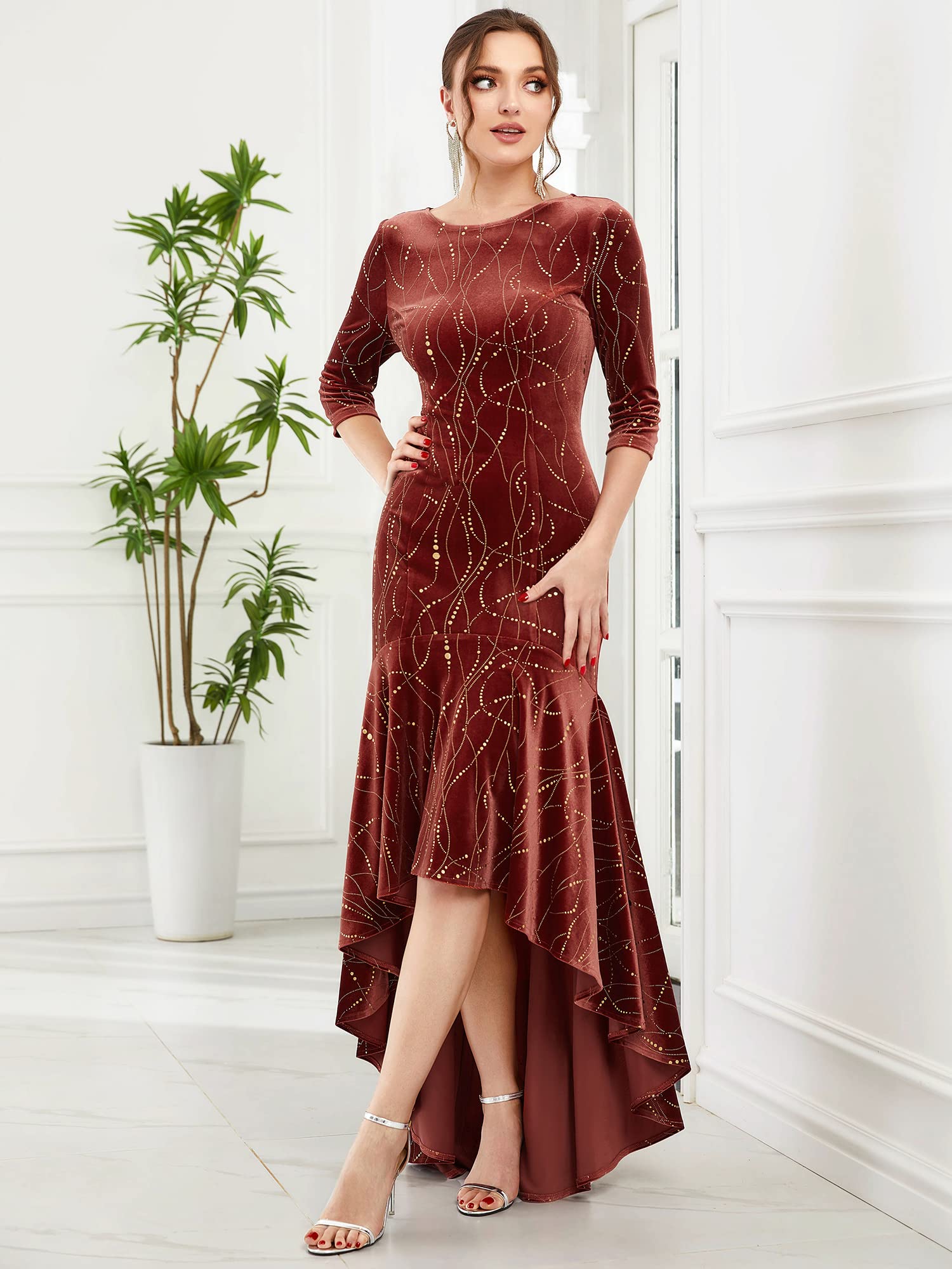 Ever-Pretty Women's Plus Size Velvet High-Low Wedding Mermaid Maxi Formal Dress Gala Dresses Maroon US16