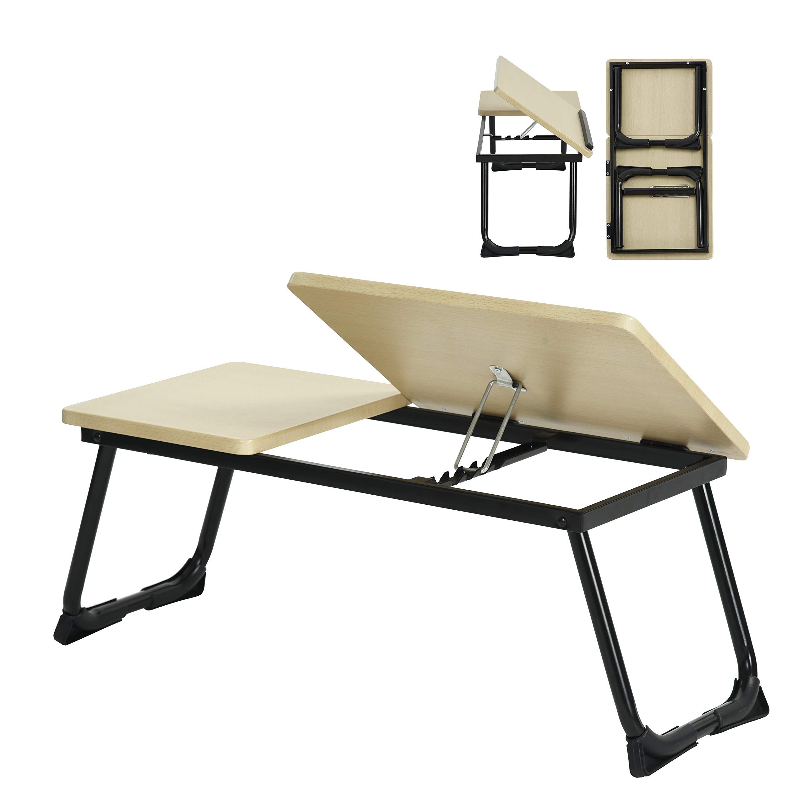 Foldable Laptop Table with Adjustable Tray and Metal Structure, for Home Office and Living/Bed Room(Beech Wood and Black) 25.5" (W) x 11.8"(D) x 10.8"(H)