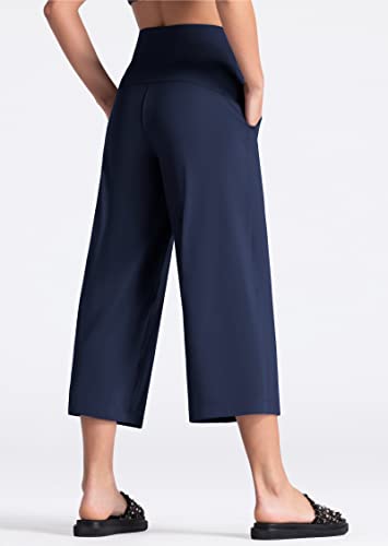 THE GYM PEOPLE Bootleg Yoga Capris Pants for Women Tummy Control High Waist Workout Flare Crop Pants with Pockets (Navy Blue, X-Large)
