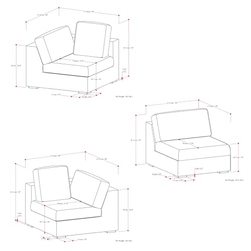SIMPLIHOME Jasmine 3-Seater Modular Sofa in Velvety Chenille Polyester-Blend Performance Fabric, Cloud Grey, 125-inches Wide, Handcrafted Contemporary-Style Couch for Living Room