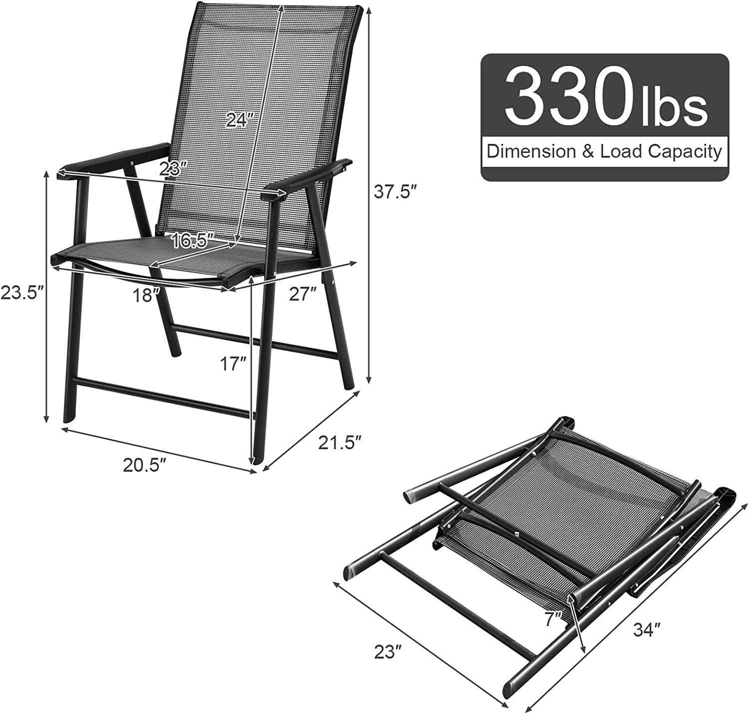 Tangkula Set of 4 Patio Folding Chairs, Fabric Dining Chairs with High Back & Armrests, Portable Camping Lounge Chairs with Sturdy Metal Frame, Outdoor Sling Chairs for Patio Lawn Garden (Grey)