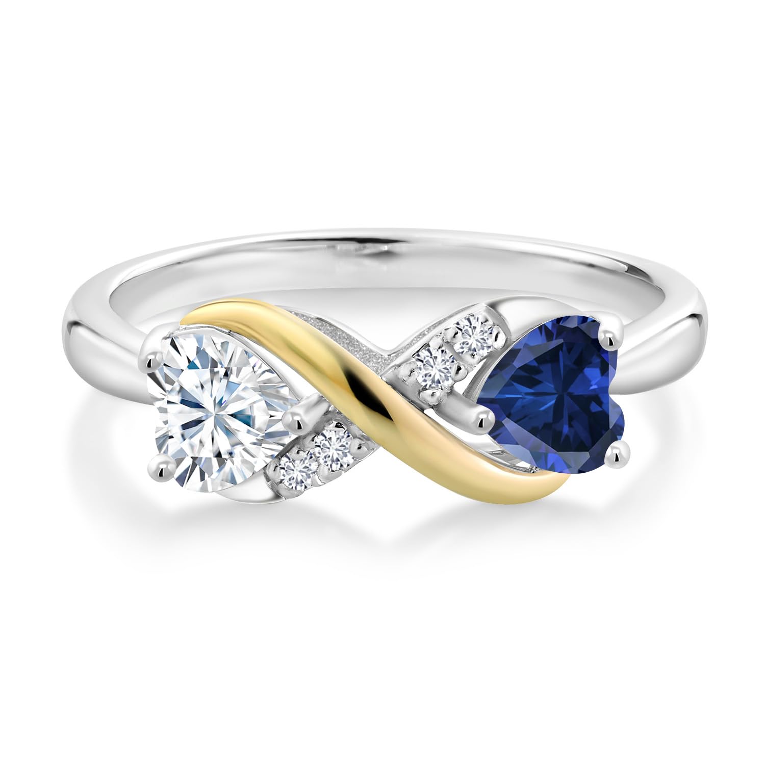 Gem Stone King 925 Sterling Silver and 10K Yellow Gold Blue Created Sapphire and White Moissanite (0.96 Cttw, Heart 5MM, Available In Size 5, 6, 7, 8, 9)