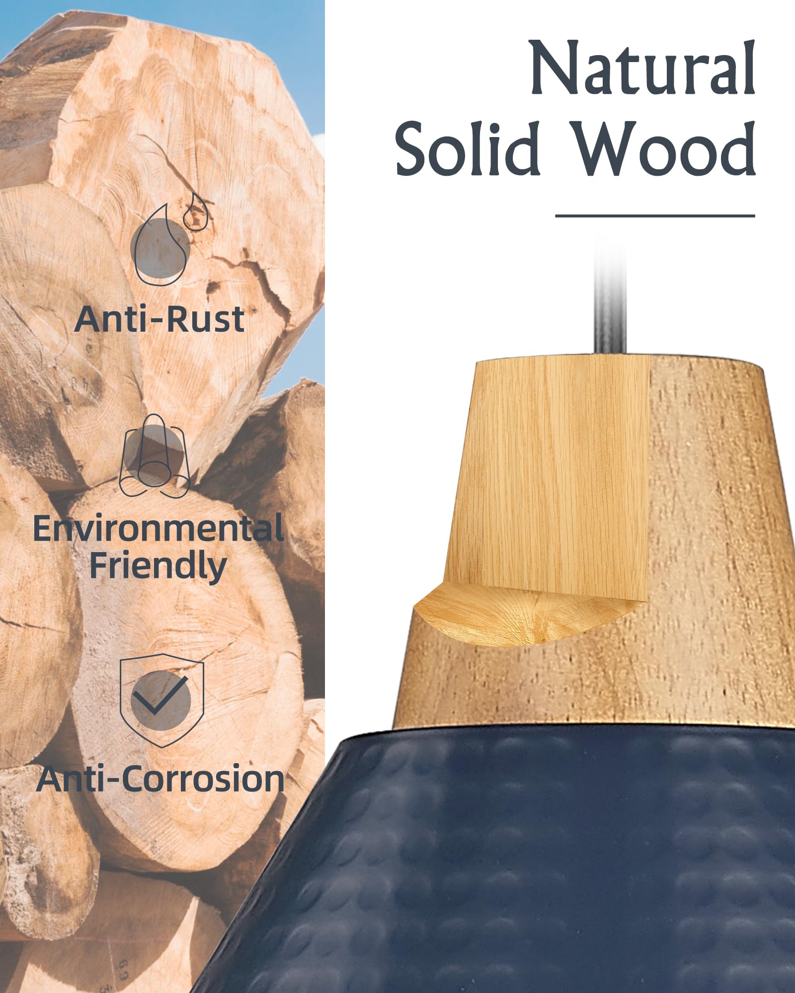 FEMILA Solid Wood Pendant Light fixtures, Pendant Lights Kitchen Island, 10" Blue Pendant Light with Hammered Metal Shade, Gold Inside, 4FG59MIL-L BL+WD