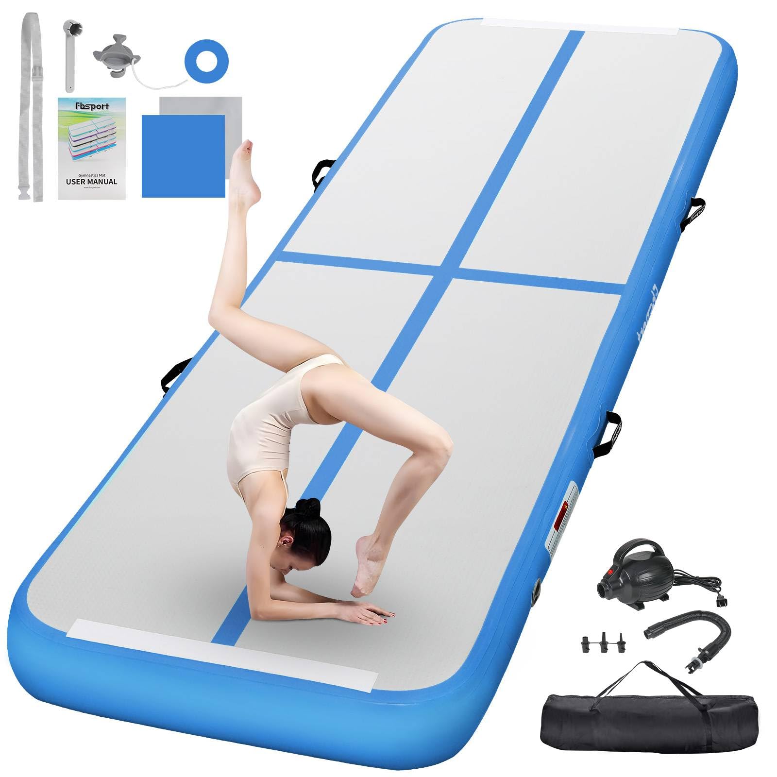 FBSPORT 20ft Inflatable Air Gymnastics Mat Training Mats 4 inches Thickness Gymnastics Tracks for Home Use/Training/Cheerleading/Yoga/Water with Pump