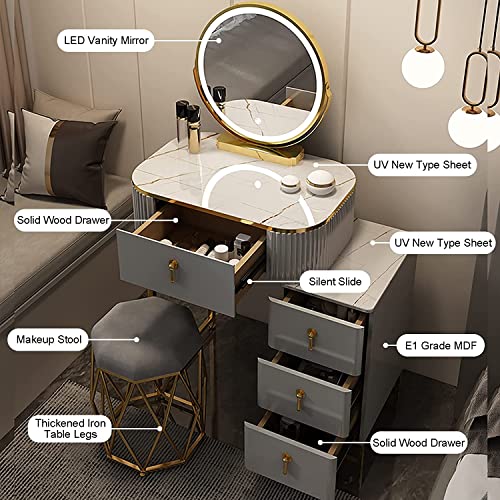 UTMACH Vanity Slate Tabletop Vanity Desk, Vanity Set with Adjustable Cabinet & Makeup Chair, Dressing Table with Lighted Mirror & Drawers Desk Sturdy