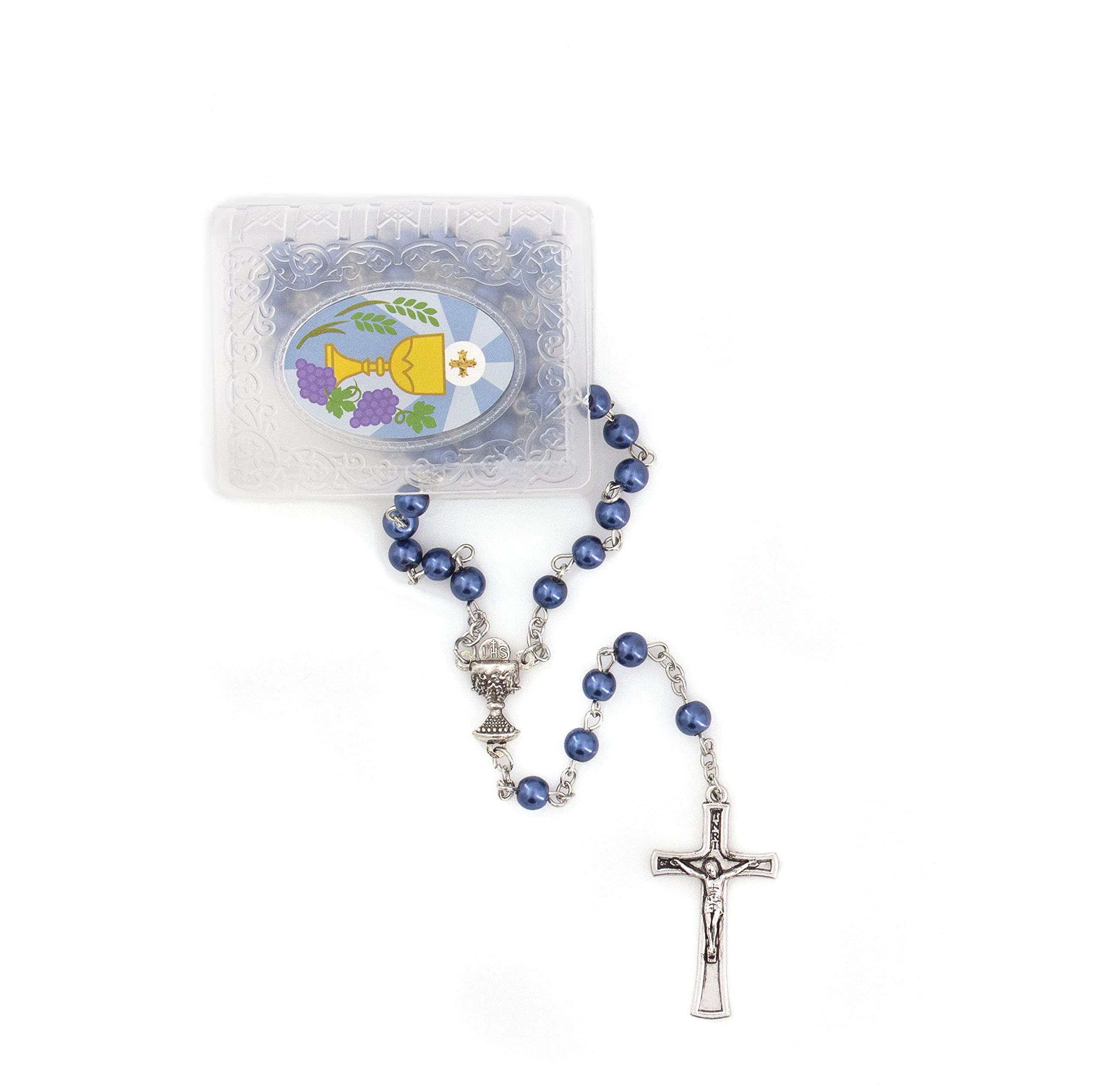 First Communion Bible Rosary Box and Deep Blue Rosary Necklace Gift Set