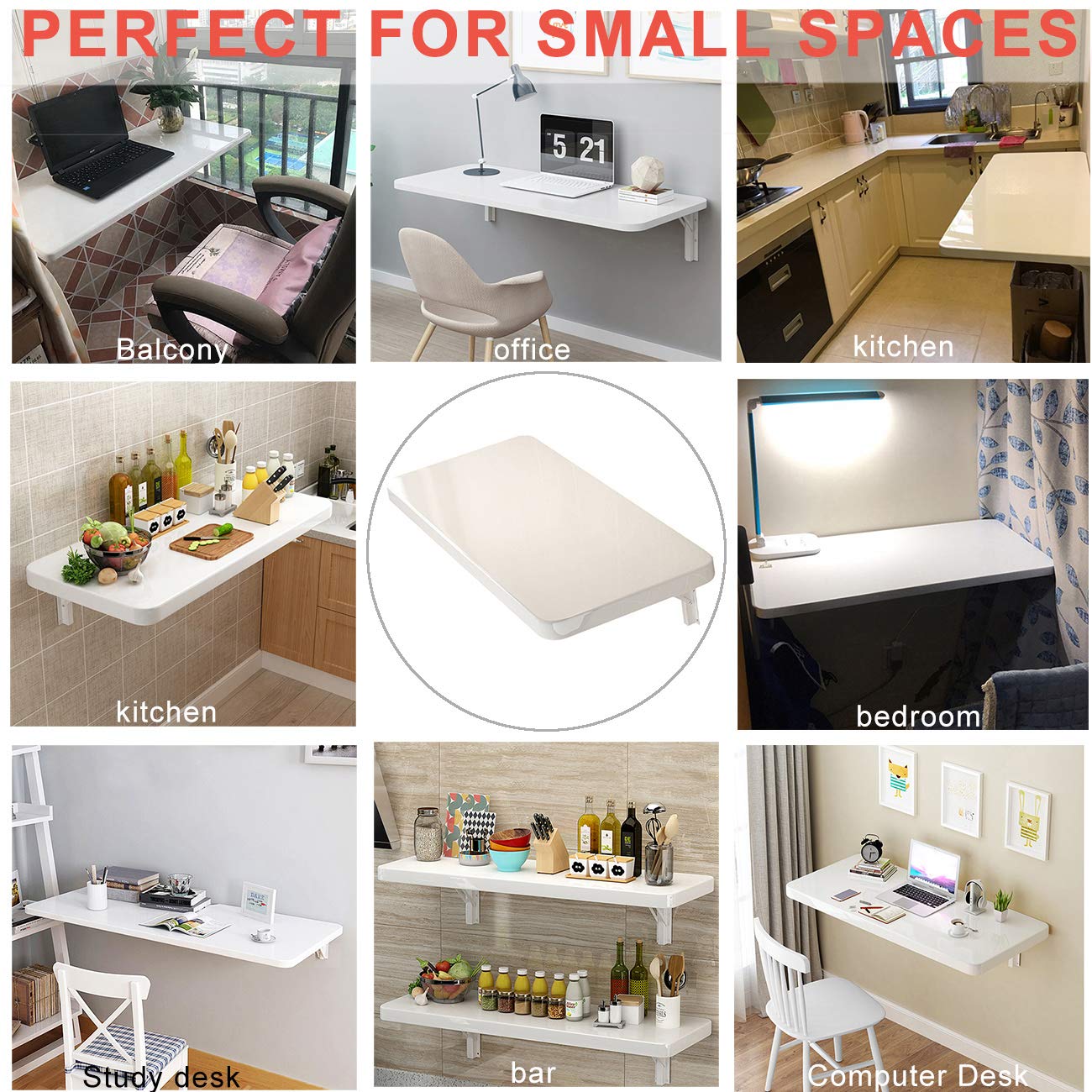 Folding Wall Mounted Desk Small Wall Drop-Leaf Table, White Wood Fold Down Industrial Style Laptop PC Computer Desk Bookshelf Floating Shelves for Home Office, Laundry, Bar, Kitchen, Dining Room