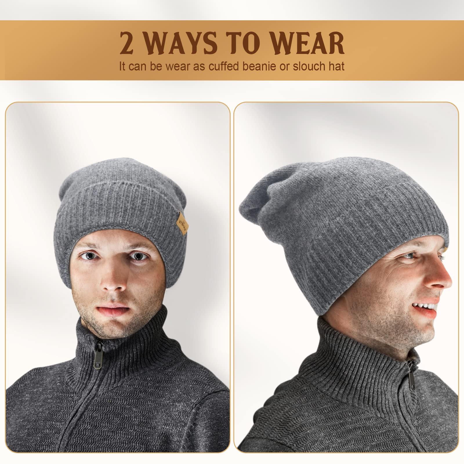 Hysnan Mens Beanie Merino Wool Warm Hats for Women Men Knit Slouchy Single Layer Warm Cuffed Skull Beanie Skiing Skating