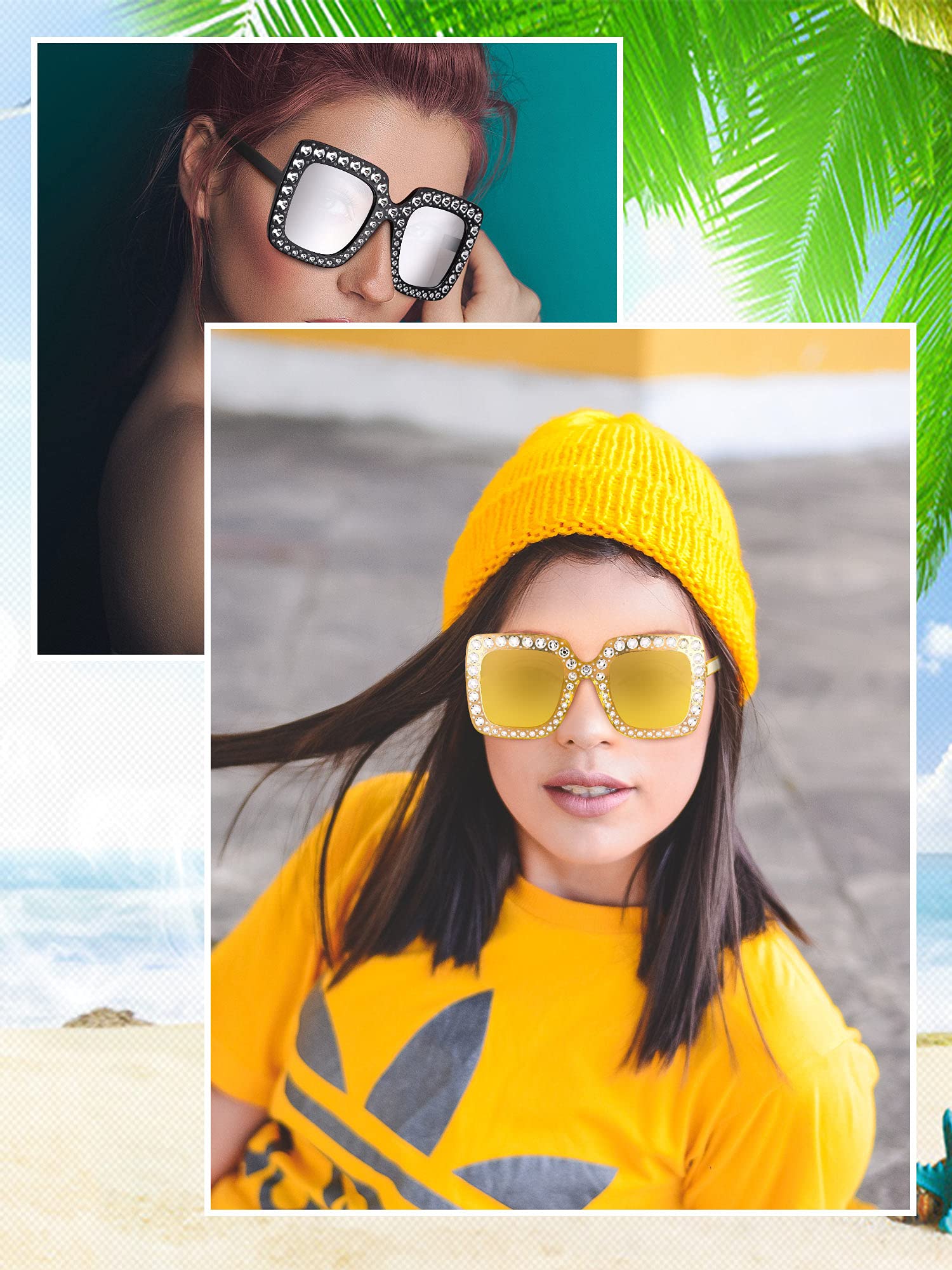 Frienda Crystal Oversized Sunglasses Square Diamond Sunglasses Rhinestone Frame Sunglasses for Women (Chic Colors,12 Pairs)