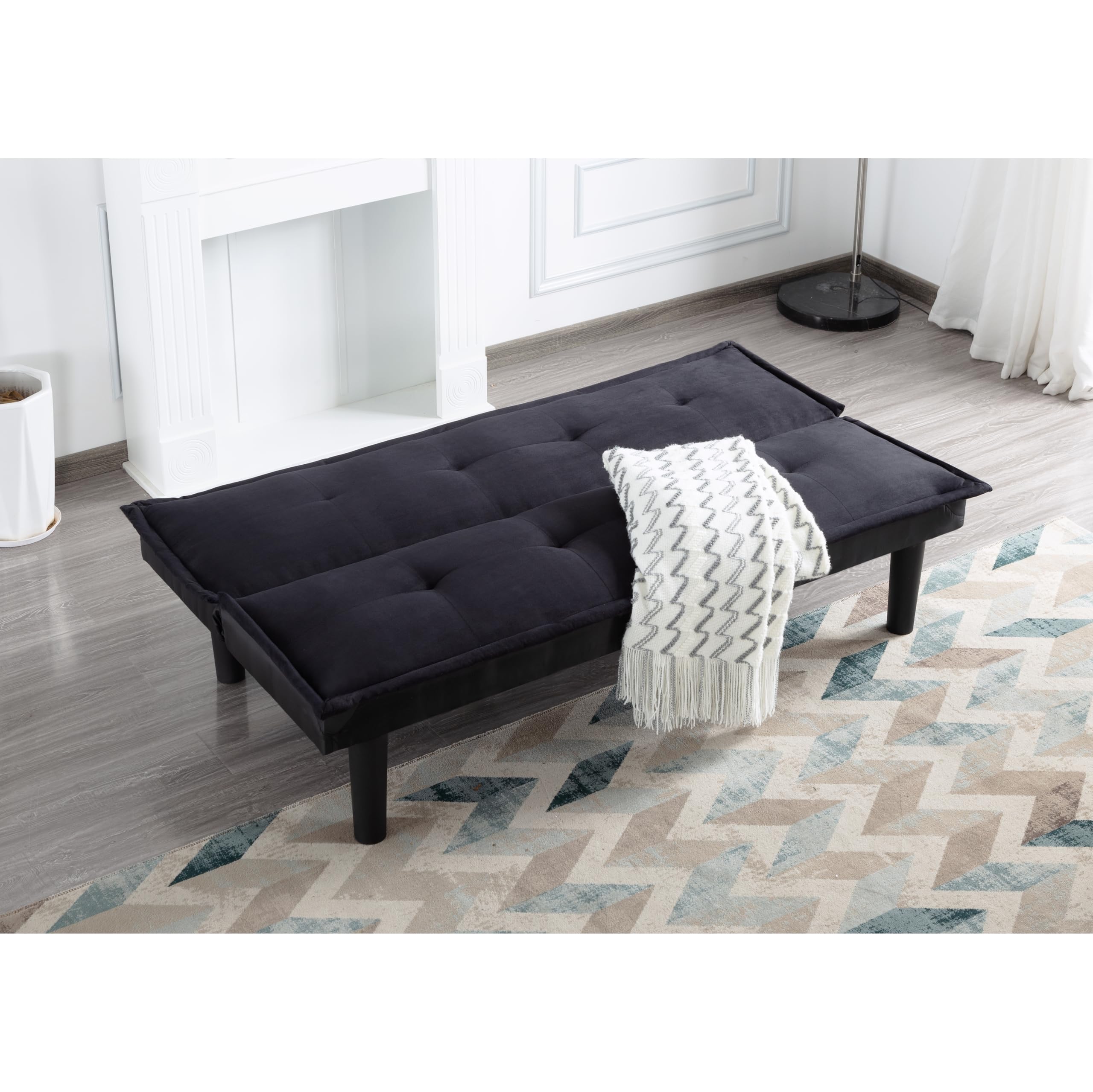 PVWIIK Convertible Folding Futon Sofa Bed, Faux Suede Upholstered Loveseat w/Plastic Legs, Sleeper Couch Recliner Lounge for Small Space Apartment Office Living Room, Black