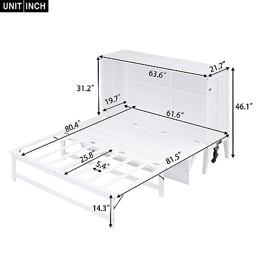 FANYE Space Saving Size Cube Built-in Charging Station and Shelf, Foldable Murphy Bed for Multipurpose Guest Room or Home Office, No Box Spring Required Easy Assembly, White Queen