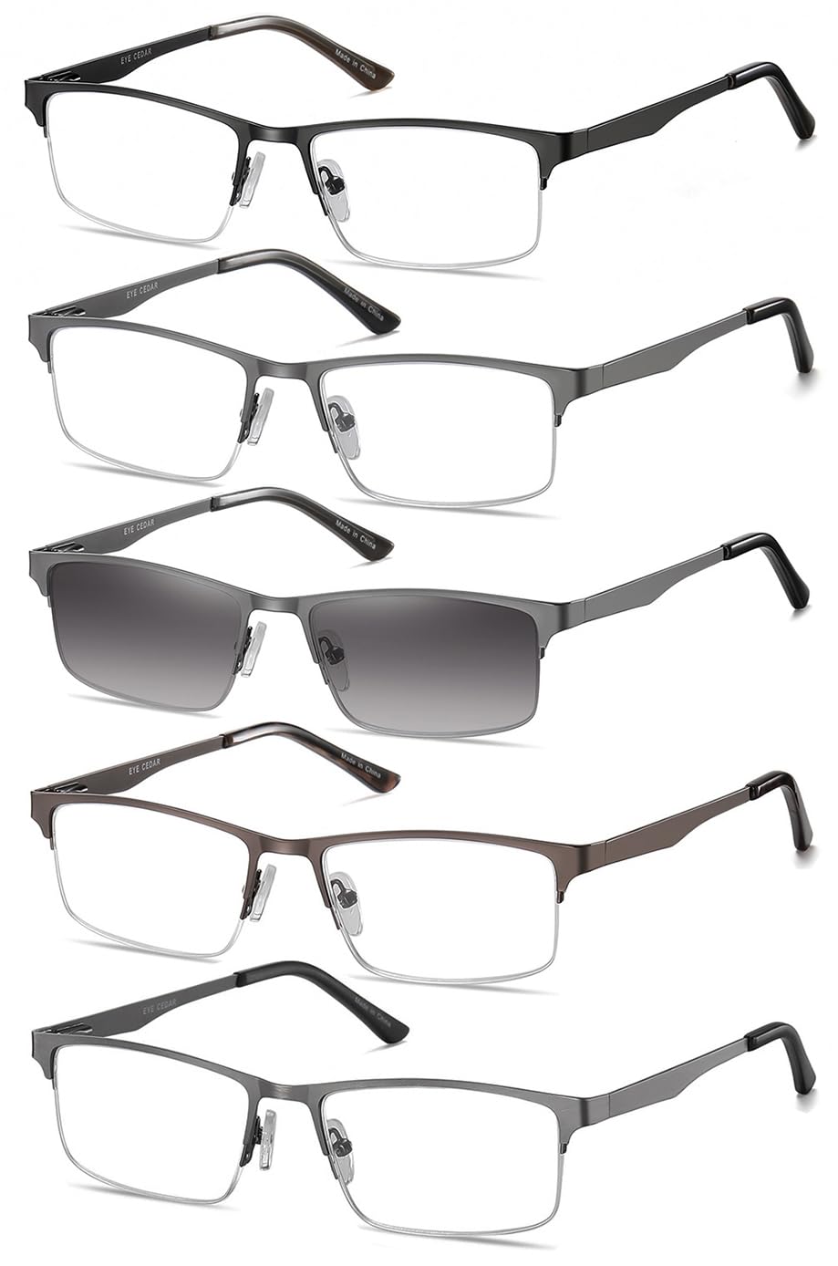 EYECEDAR 5-Pack Reading Glasses for Men Rectangular Metal Half-Frame Spring Hinges with Sun Readers Glasses Mens Readers 2.0