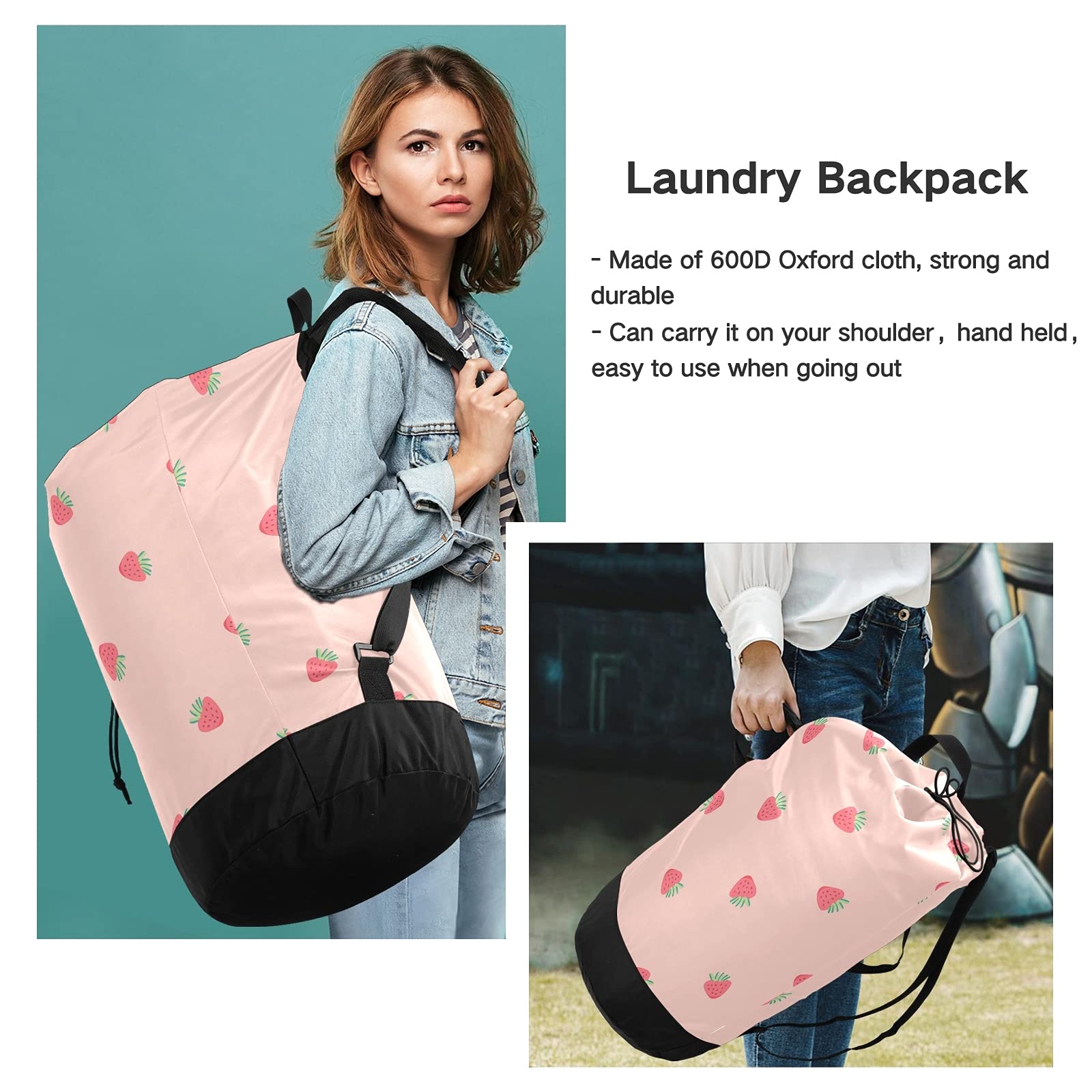 xigua Pink Strawberry Laundry Backpack Bag, Extra Large Laundry Bag with Straps, Portable Backpack Laundry Bag for College Dorm, Apartment, Laundromat
